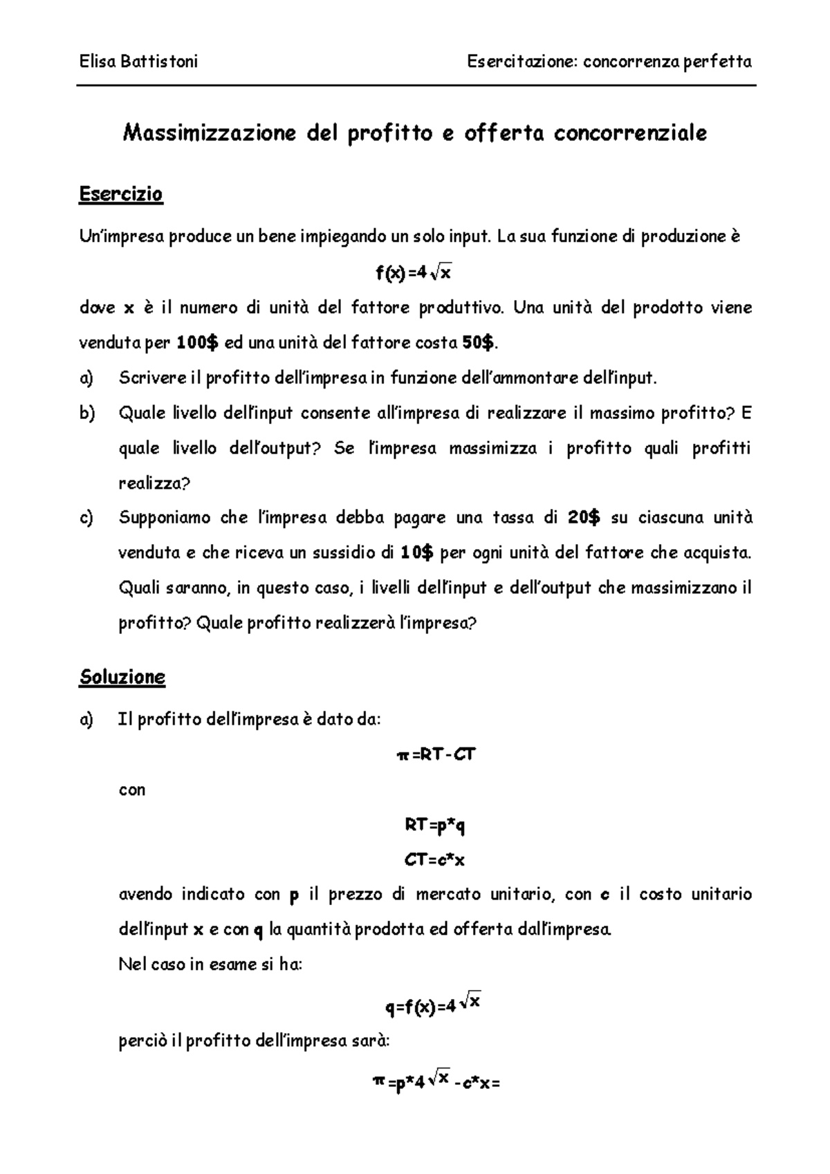 Esercitazione 07 - Profitti in Concorrenza Perfetta: Massimizzazione e ...