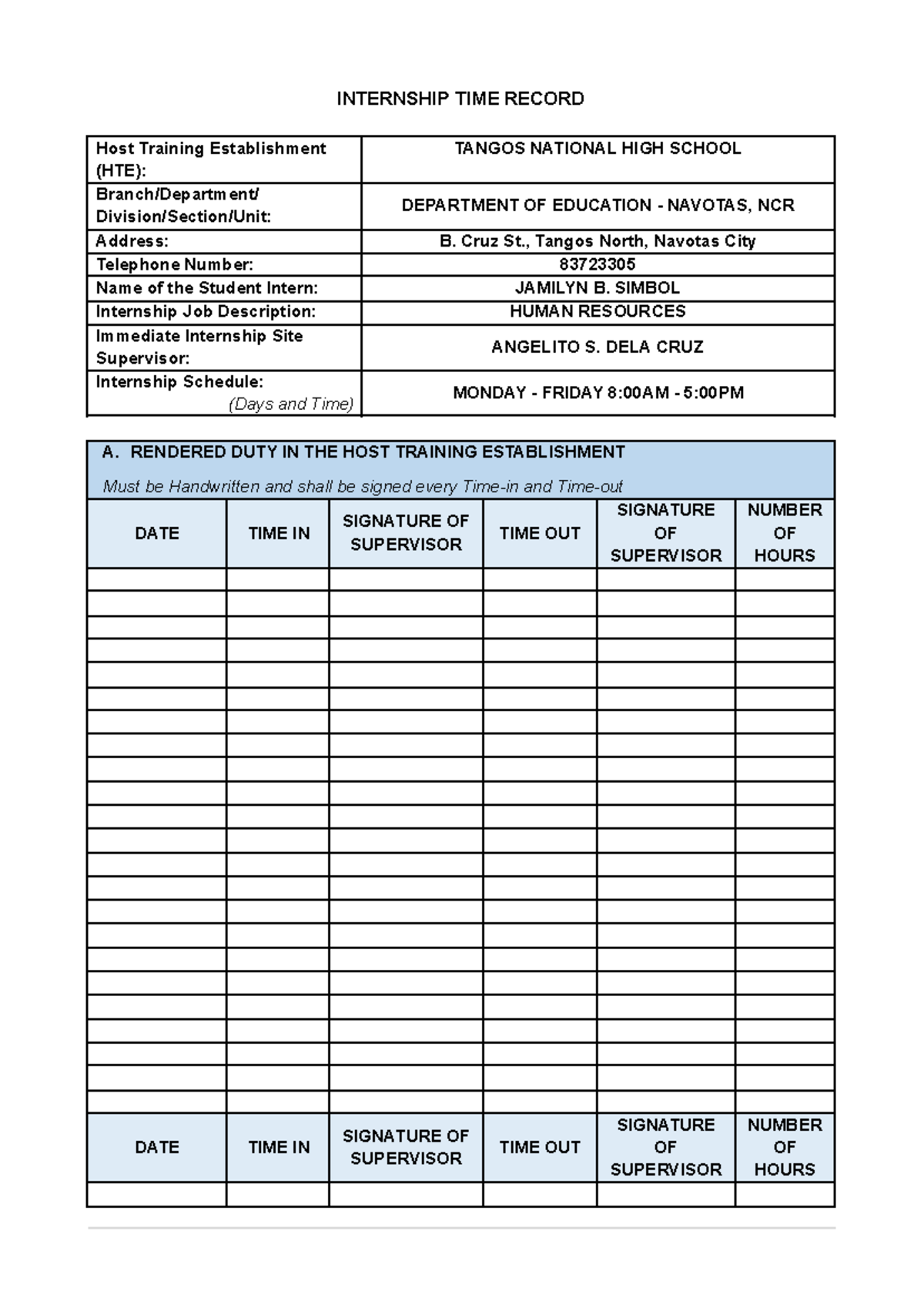 INTERNSHIP TIME RECORD - JAMILYN B. SIMBOL - HTE - Studocu