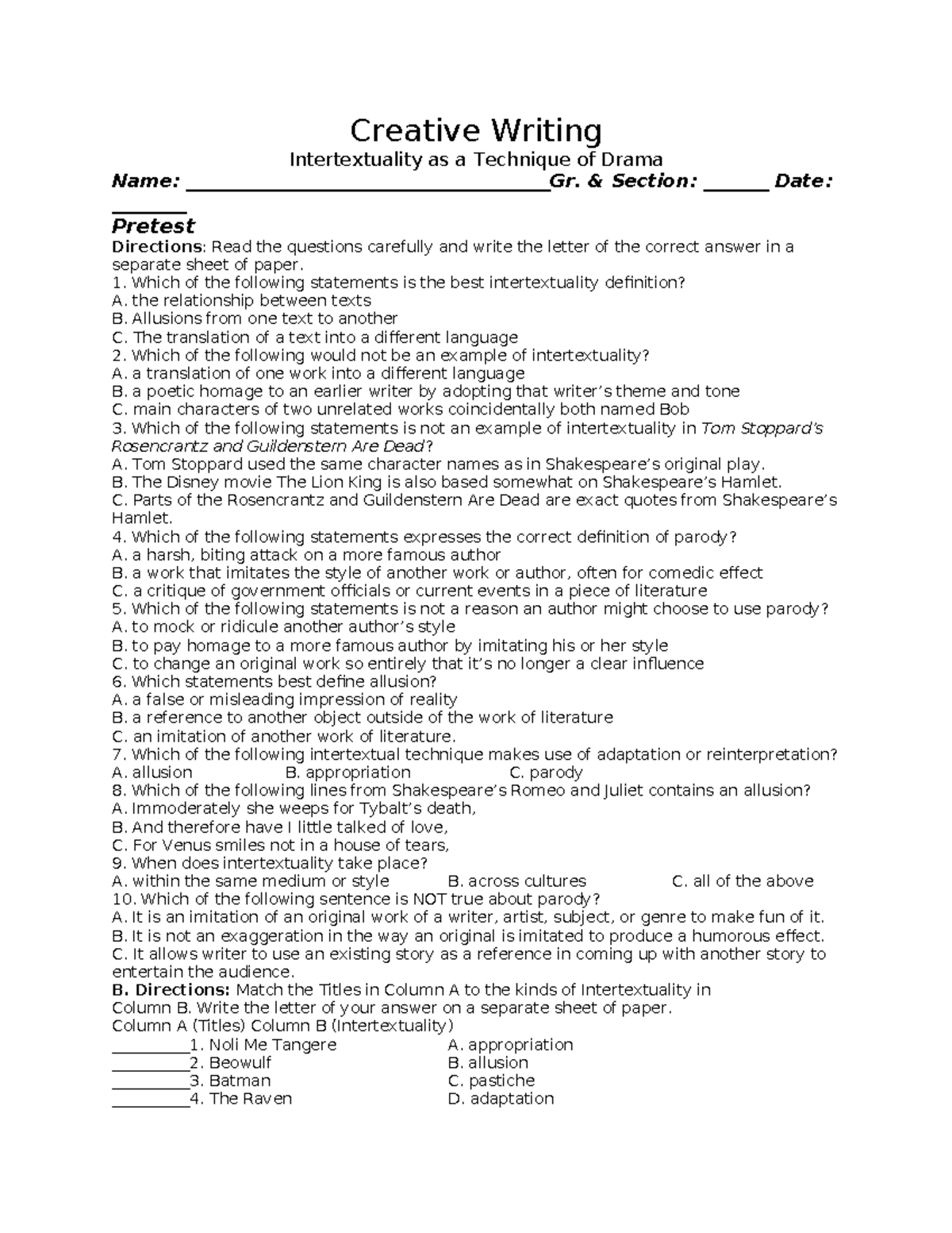 CREATIVE WRITING: Intertextuality Techniques & Practices Essay Notes ...