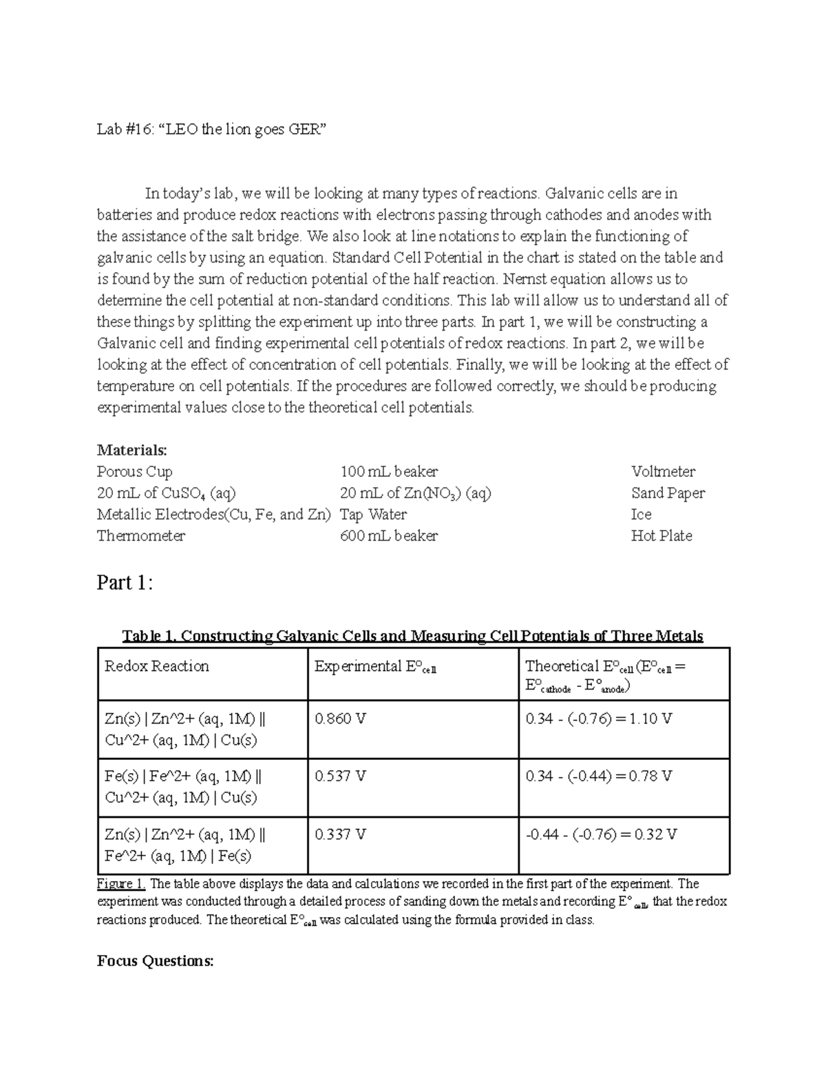 Lab 16 - Exploring Galvanic Cells and Redox Reactions in Chemistry ...