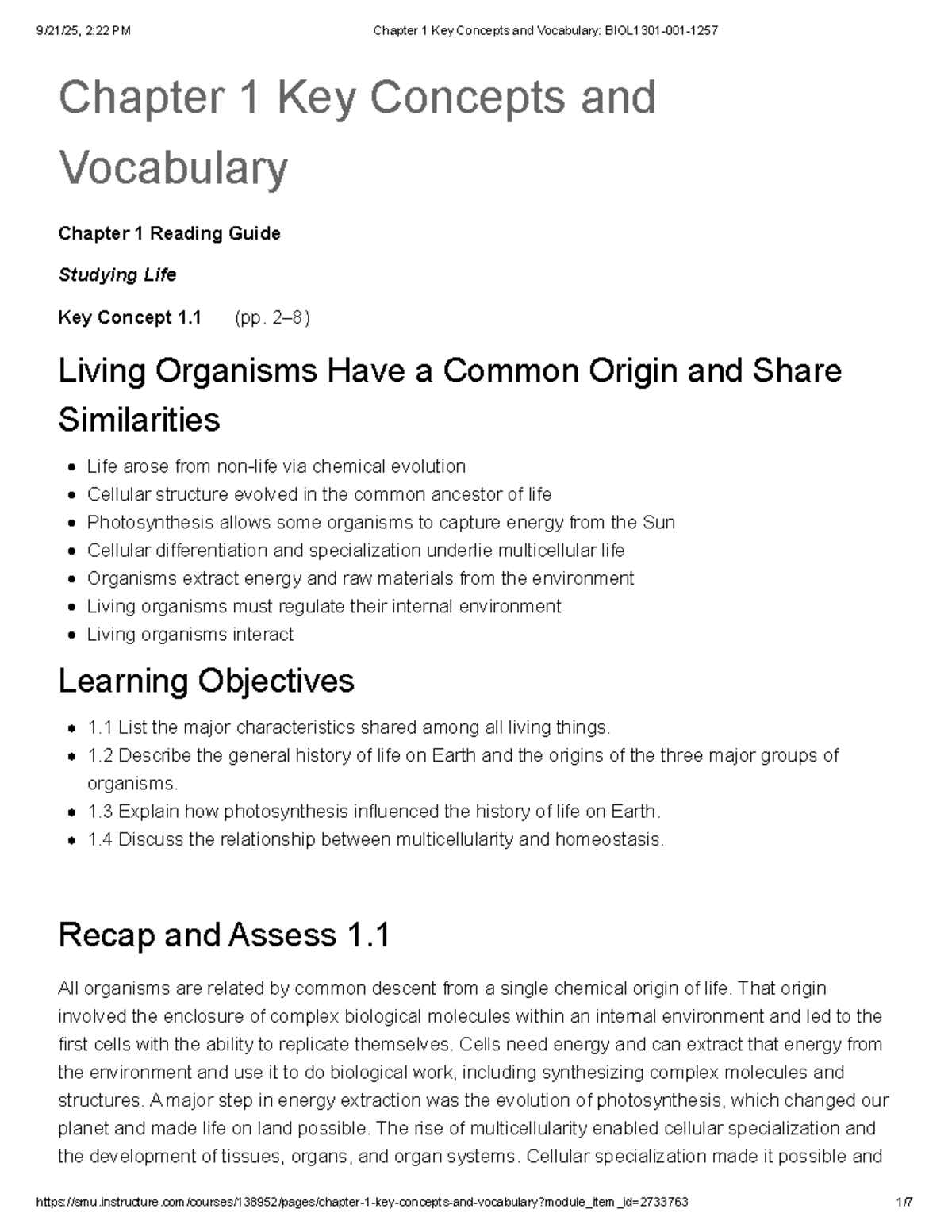 Chapter 1 Key Concepts and Vocabulary: BIOL1301-001-1257 Study Guide ...