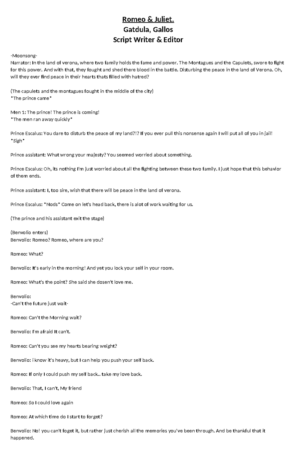 Romeo and Juliet: A Musical Script Adaptation - Studocu