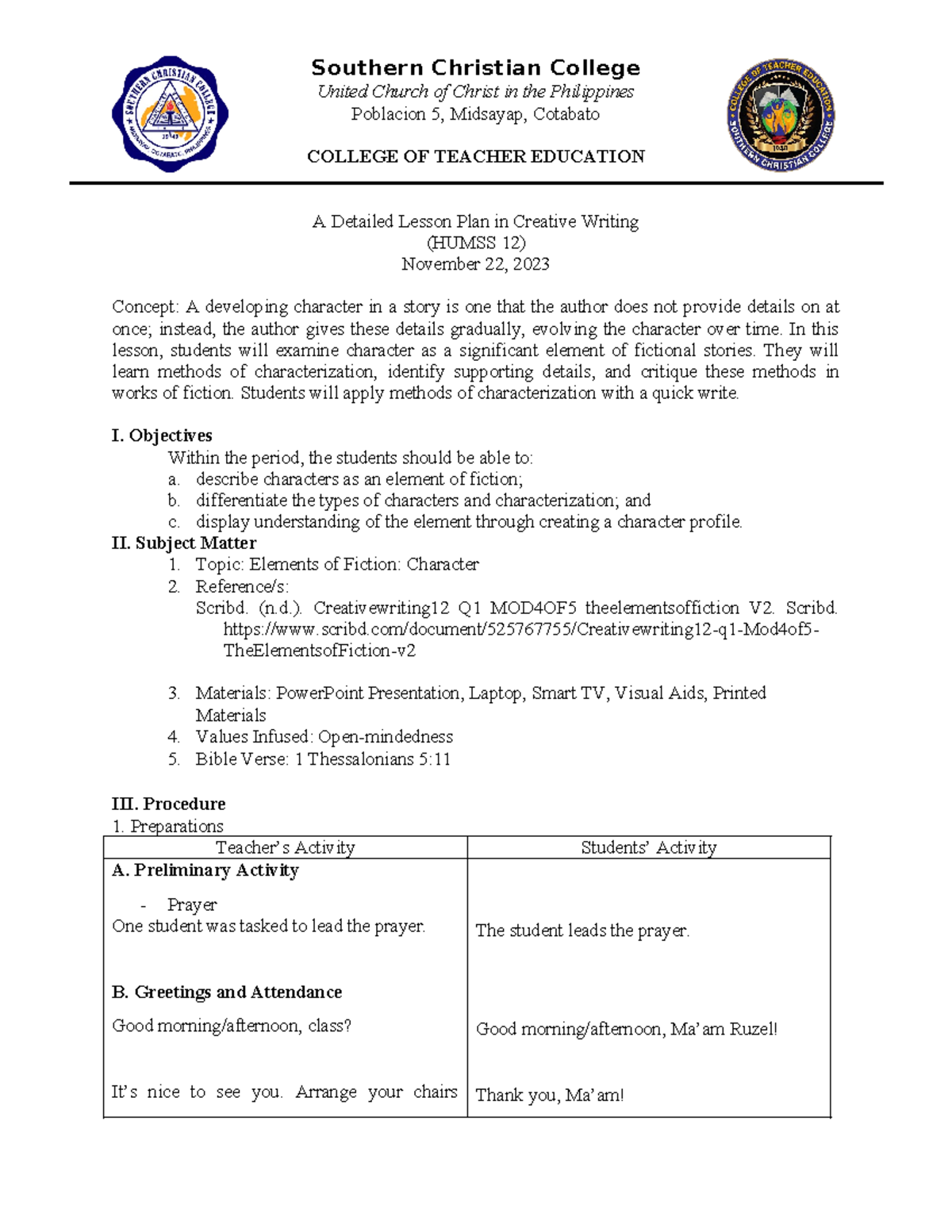 Character - Lesson Plan - Southern Christian College United Church of ...