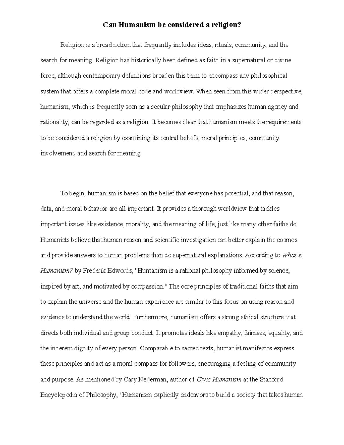 Final Exam Essay 2 - Question #3: Humanism as a Religion? - Studocu