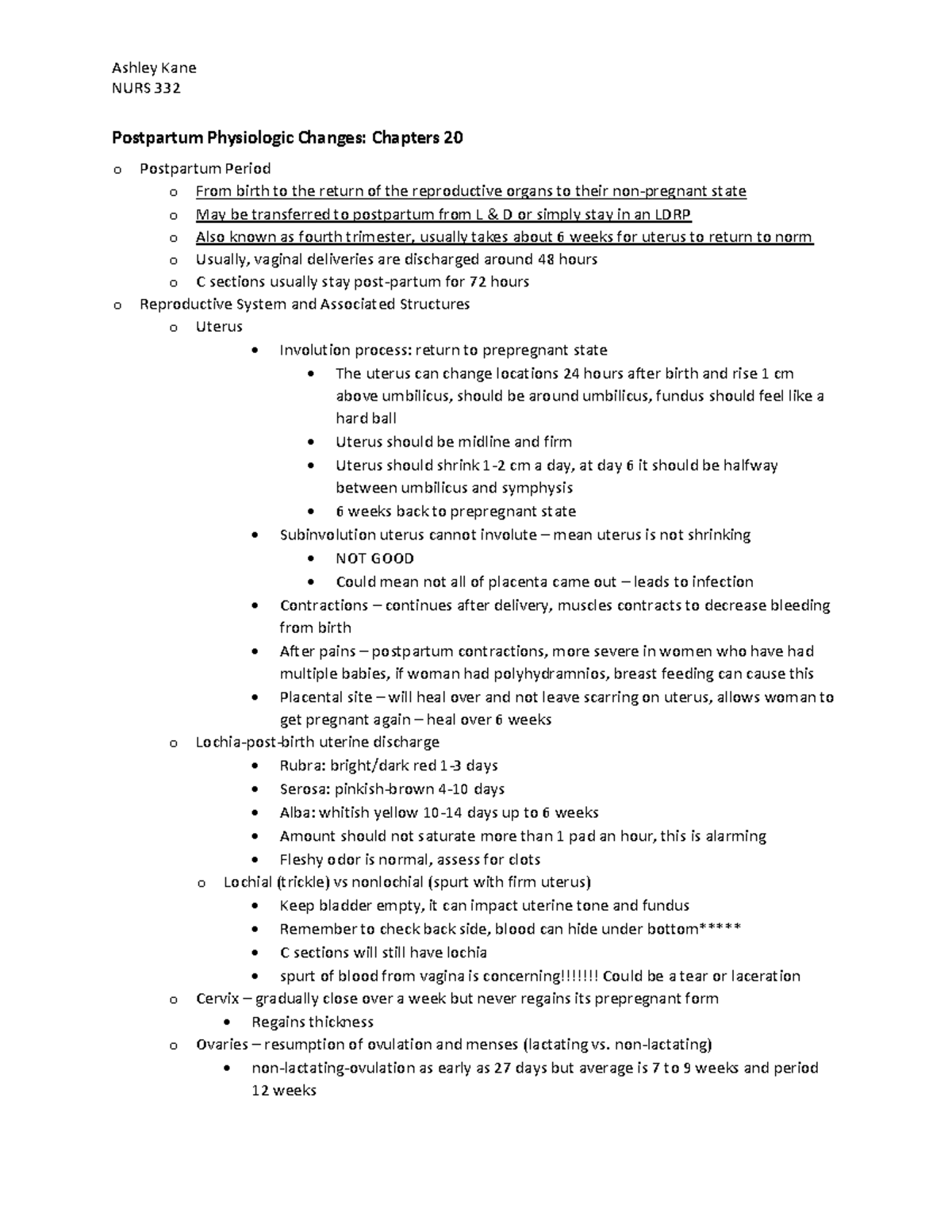 NURS 332 OB Exam 2 Notes: Postpartum Physiologic Changes & Care - Studocu