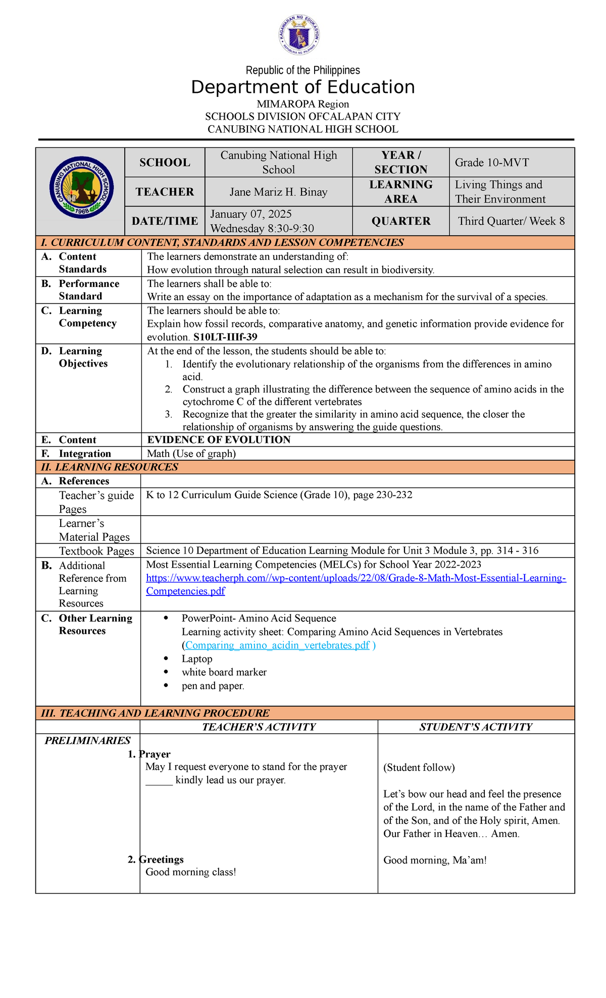 Lesson Plan (01-07) - Evidence of Evolution (Grade 10) - Studocu
