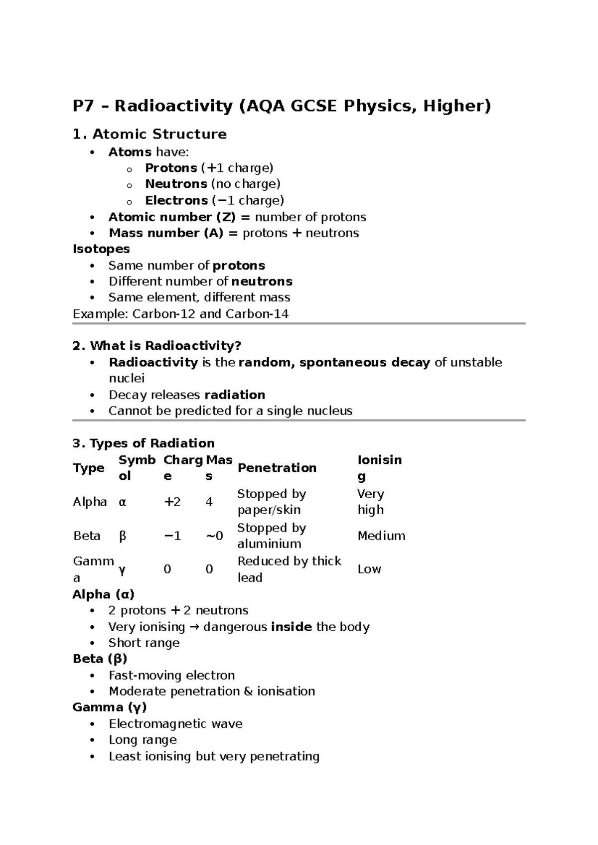 P7 Radioactivity Overview (AQA GCSE Physics, Higher) - Studocu
