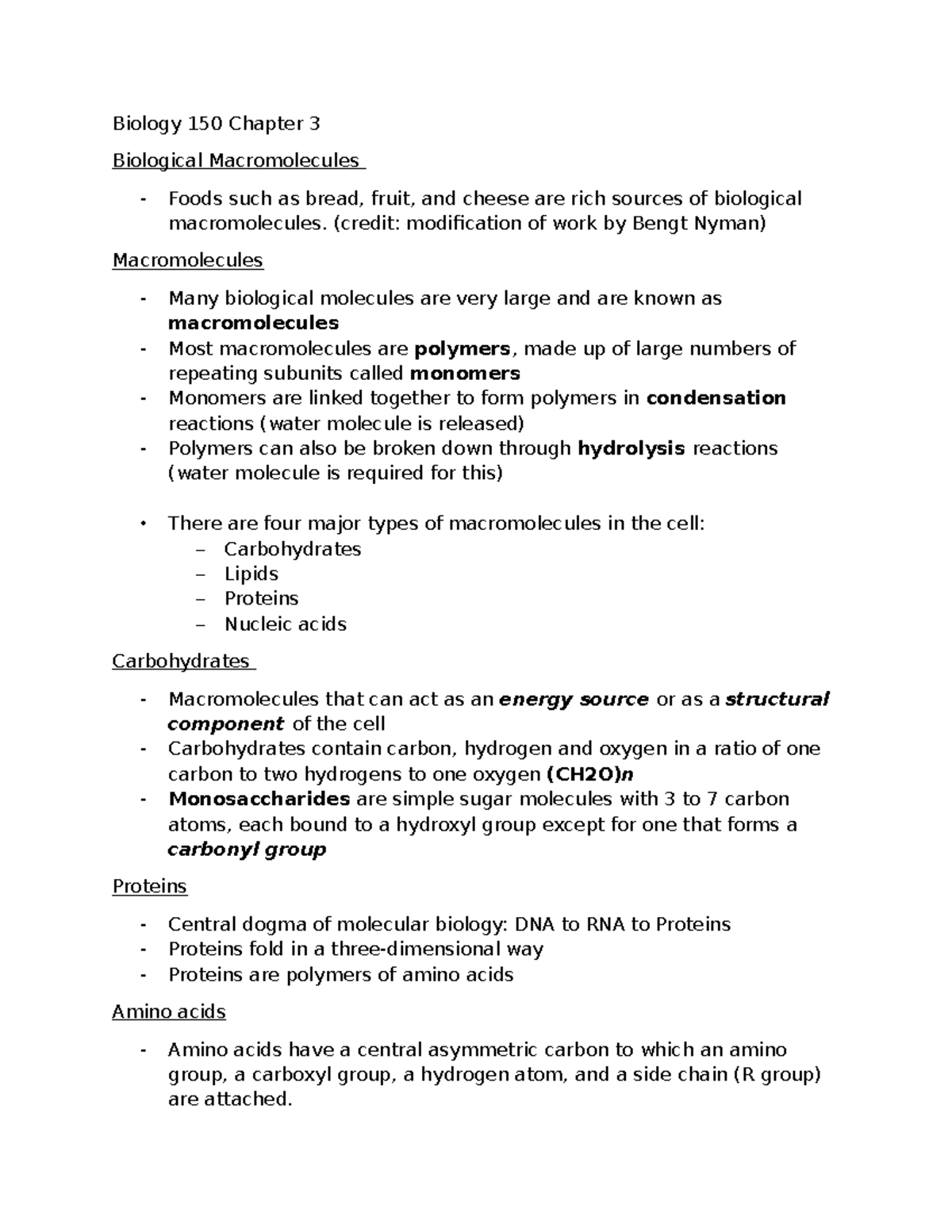 Biology 150 Chapter 3: Biological Macromolecules & Cell Structure - Studocu