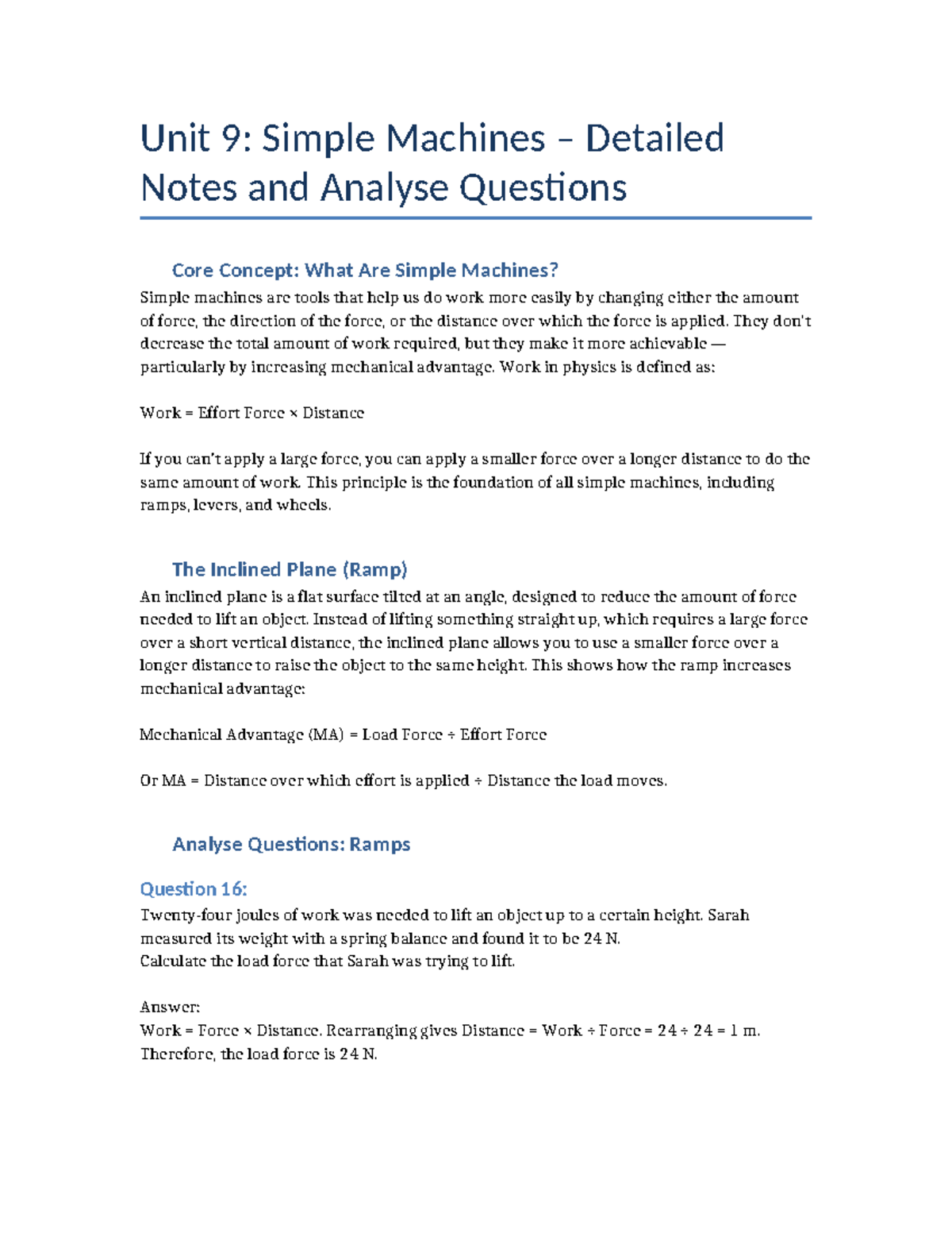 Unit 9: Simple Machines Notes & Analysis Questions - Studocu