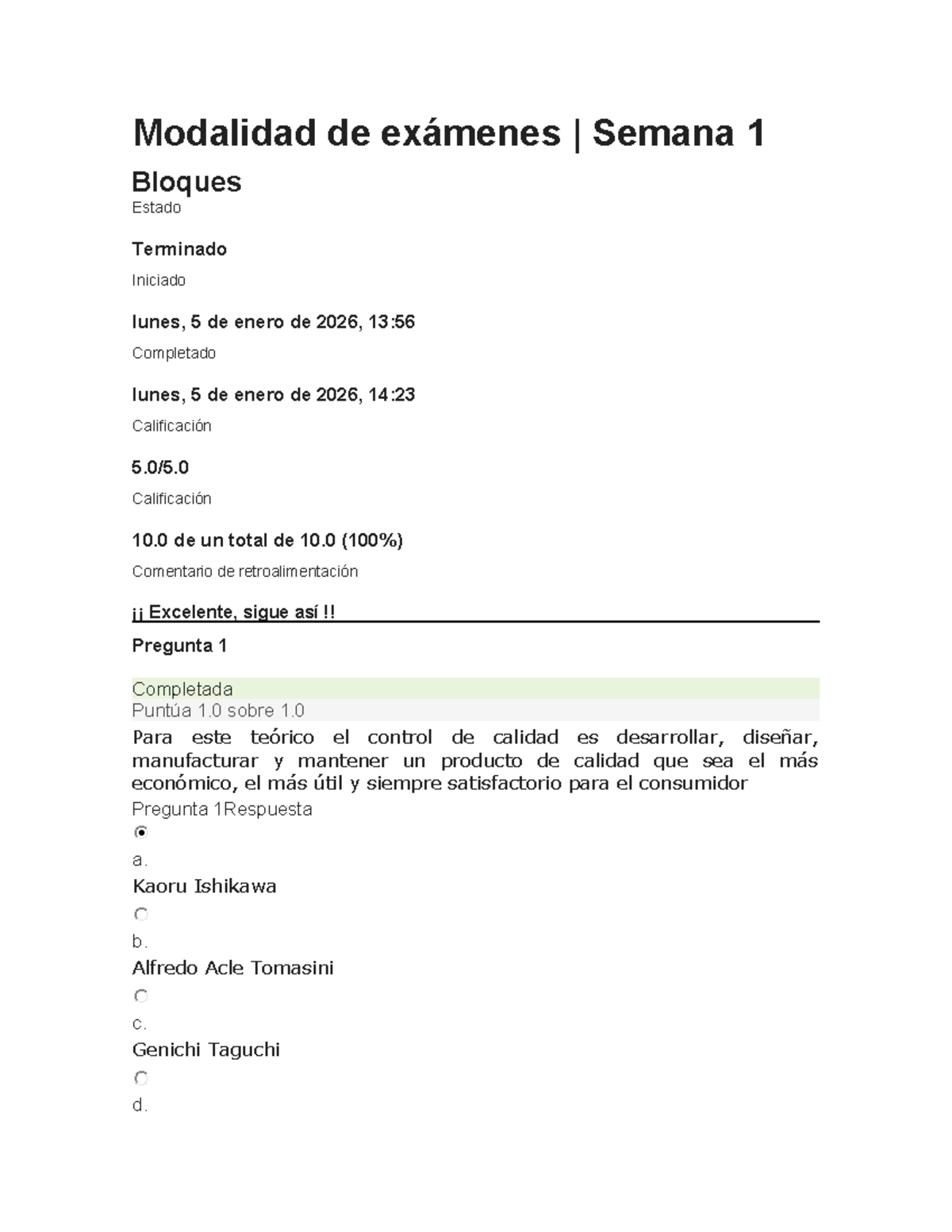 Examen Semana 1: Administración de Programas de Calidad - Studocu