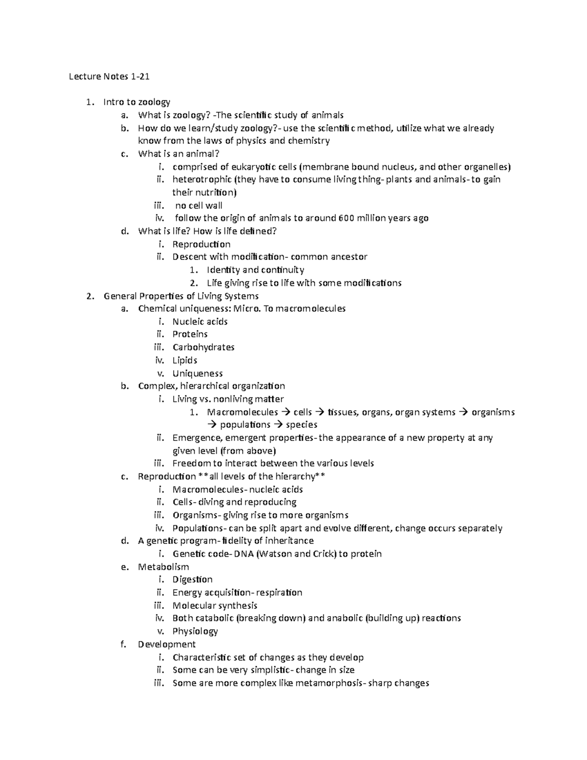 Lecture Notes 1-21: Introductory Concepts in Zoology and Life Sciences ...