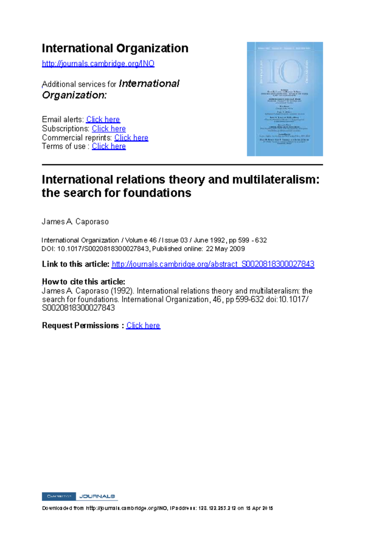 International Relations Theory and Multilateralism: Foundations (IR 46 ...