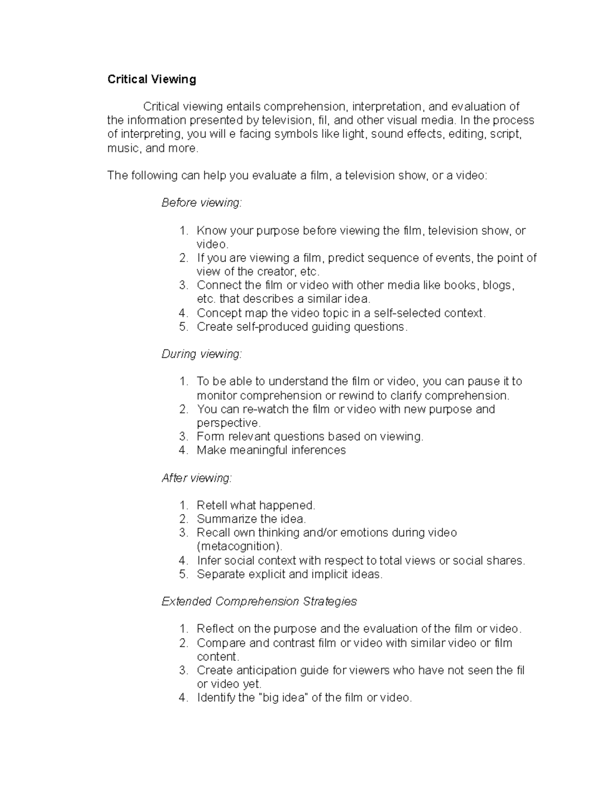 Critical Viewing - Critical Viewing Critical viewing entails ...