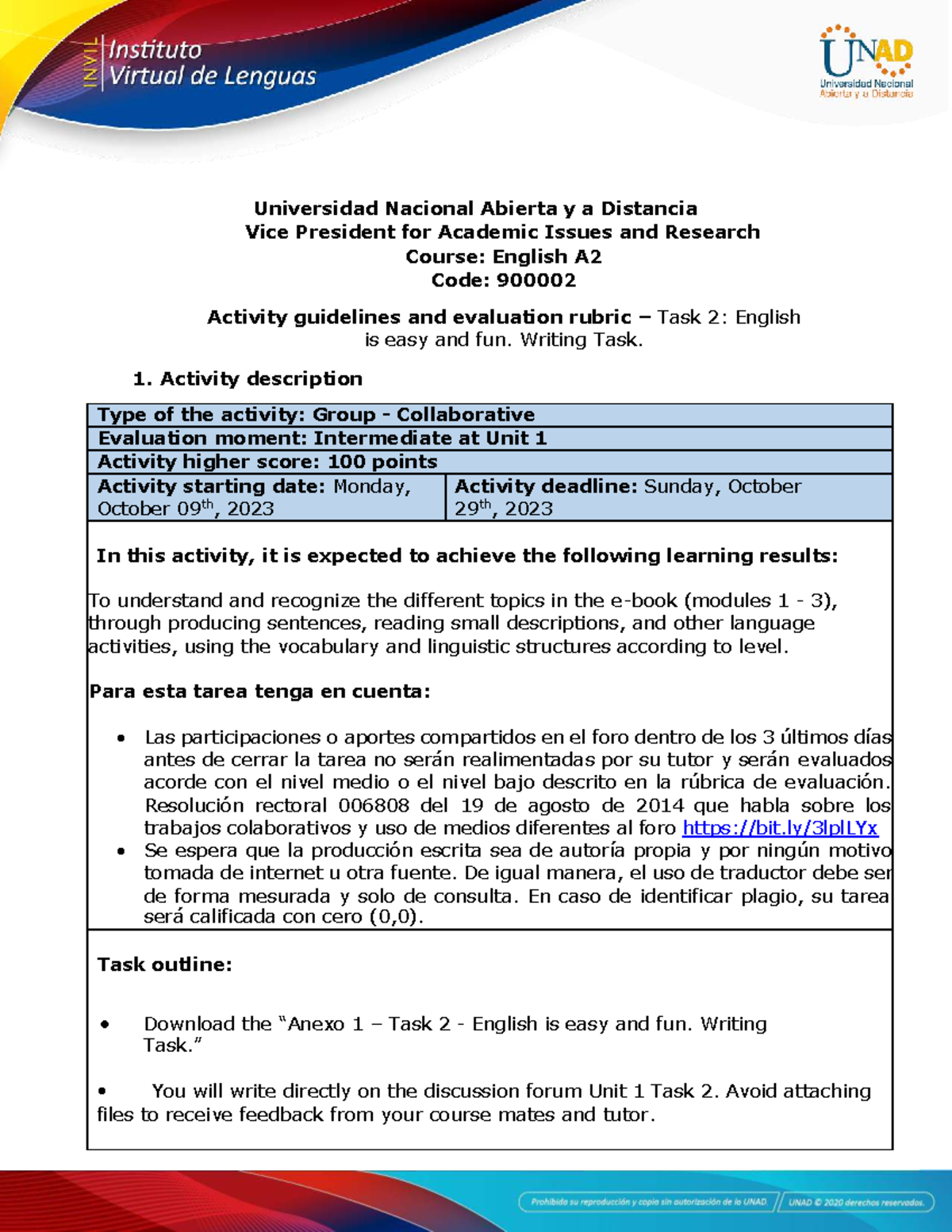 Activity Guide & Evaluation Rubric - ENGL A2 - Task 2: Writing Fun - Studocu