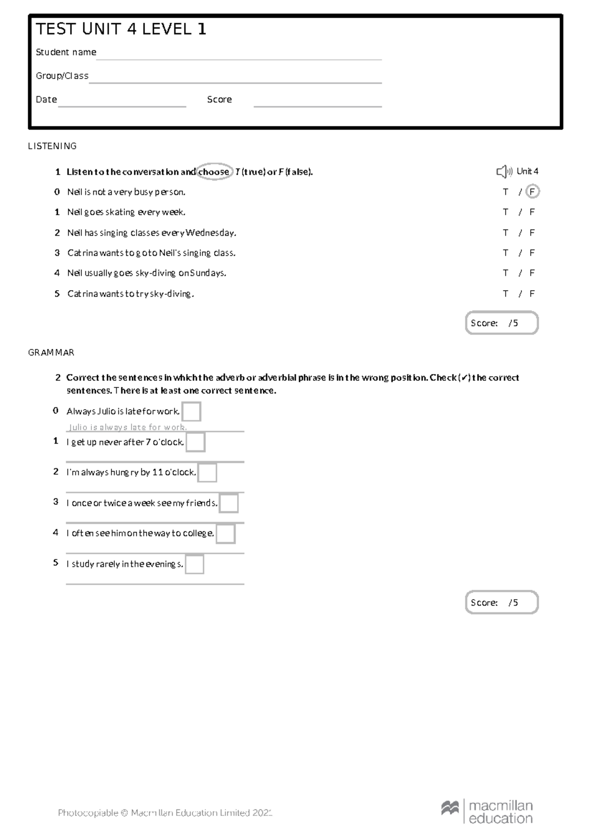 UNIT 4 LEVEL 1 TEST - Listening, Grammar, Vocabulary & Writing - Studocu