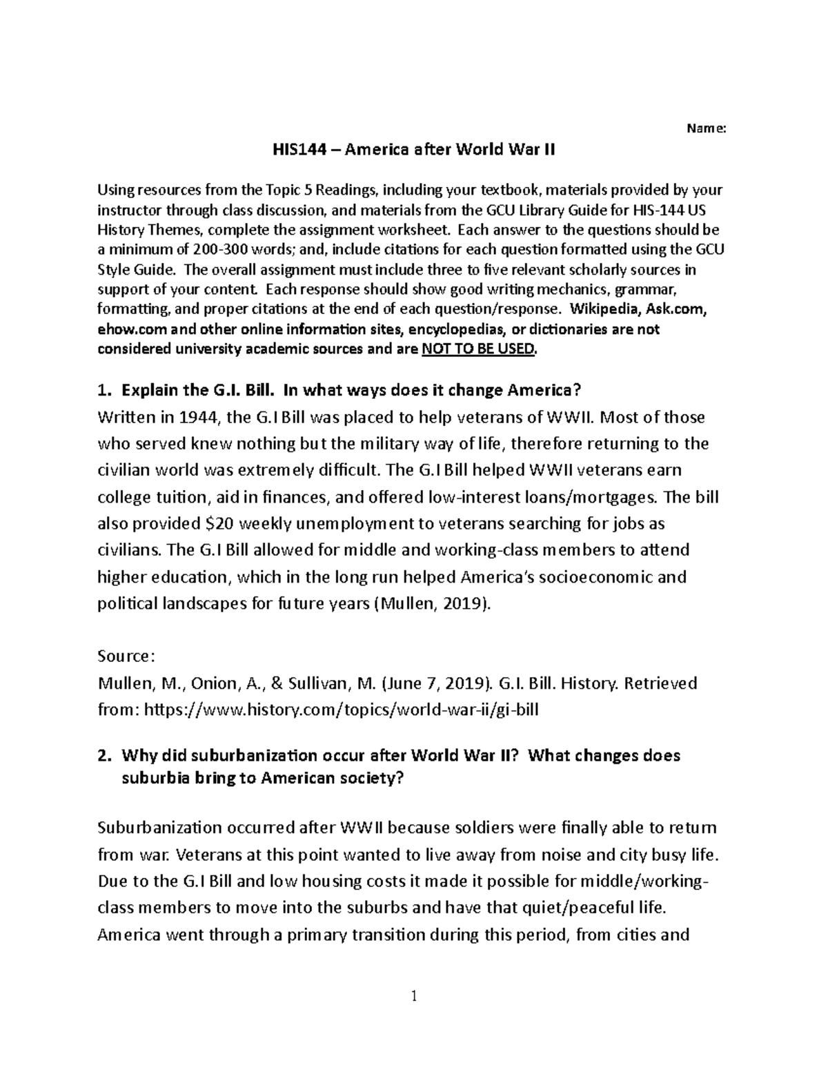America after WWII - HIS-144 worksheet - Name: HIS144 – America ater ...