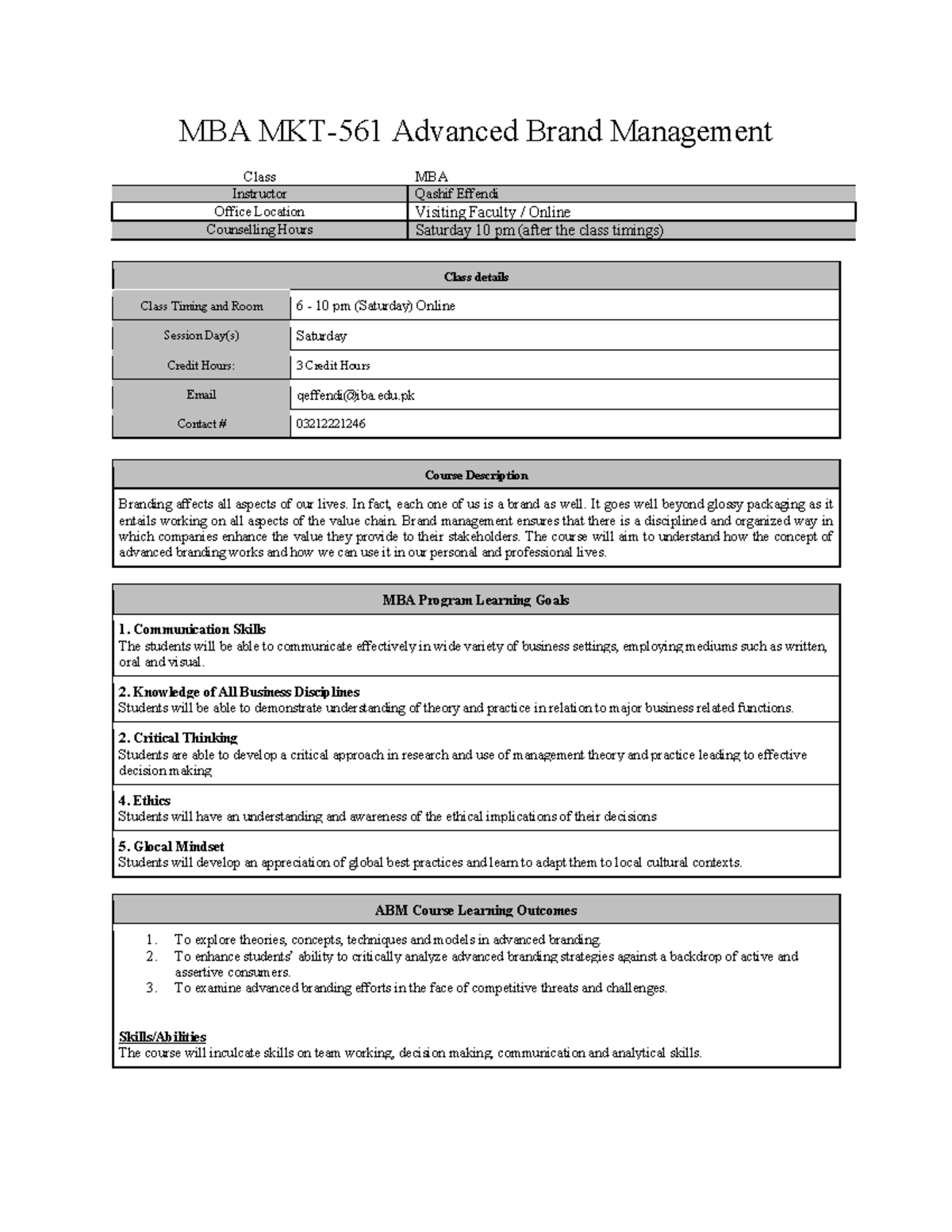 MBA Advanced Brand Management Course Outline by Qashif Effendi - Studocu