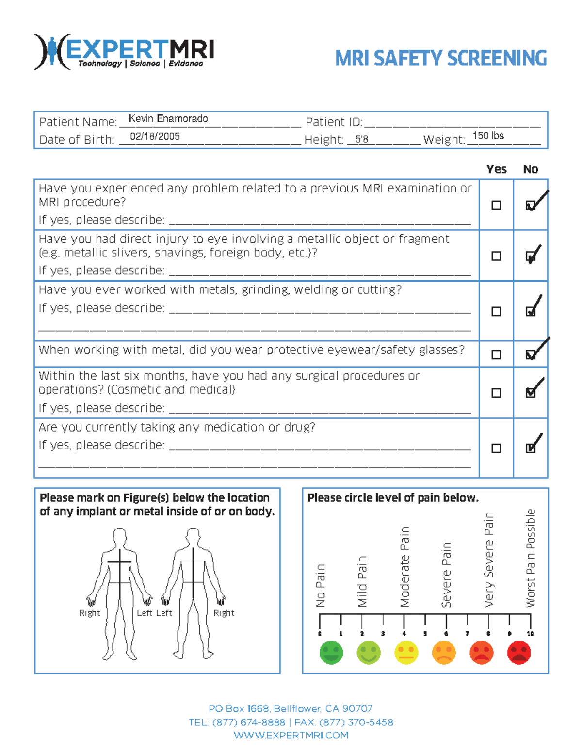 MRI Safety Screening Form - Patient History - Studocu