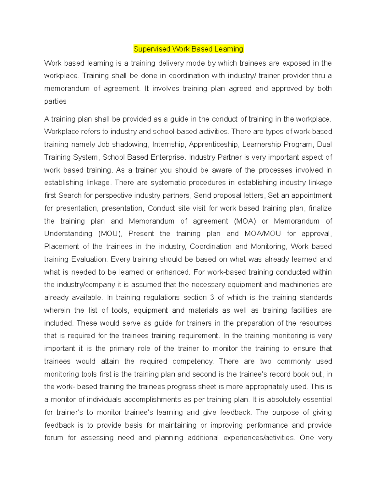 SWBL: Overview of Written Exam for Supervised Work-Based Learning - Studocu