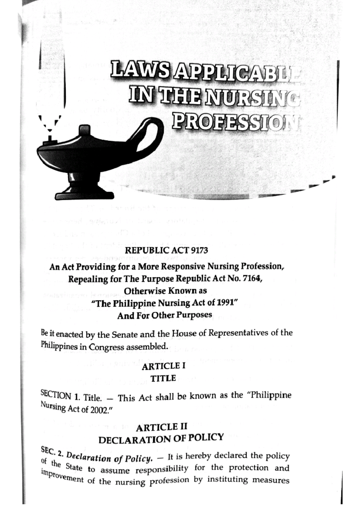 LAWS APPLICABLE IN THE NURSING PROFESSION (RA 9173) Overview Document ...