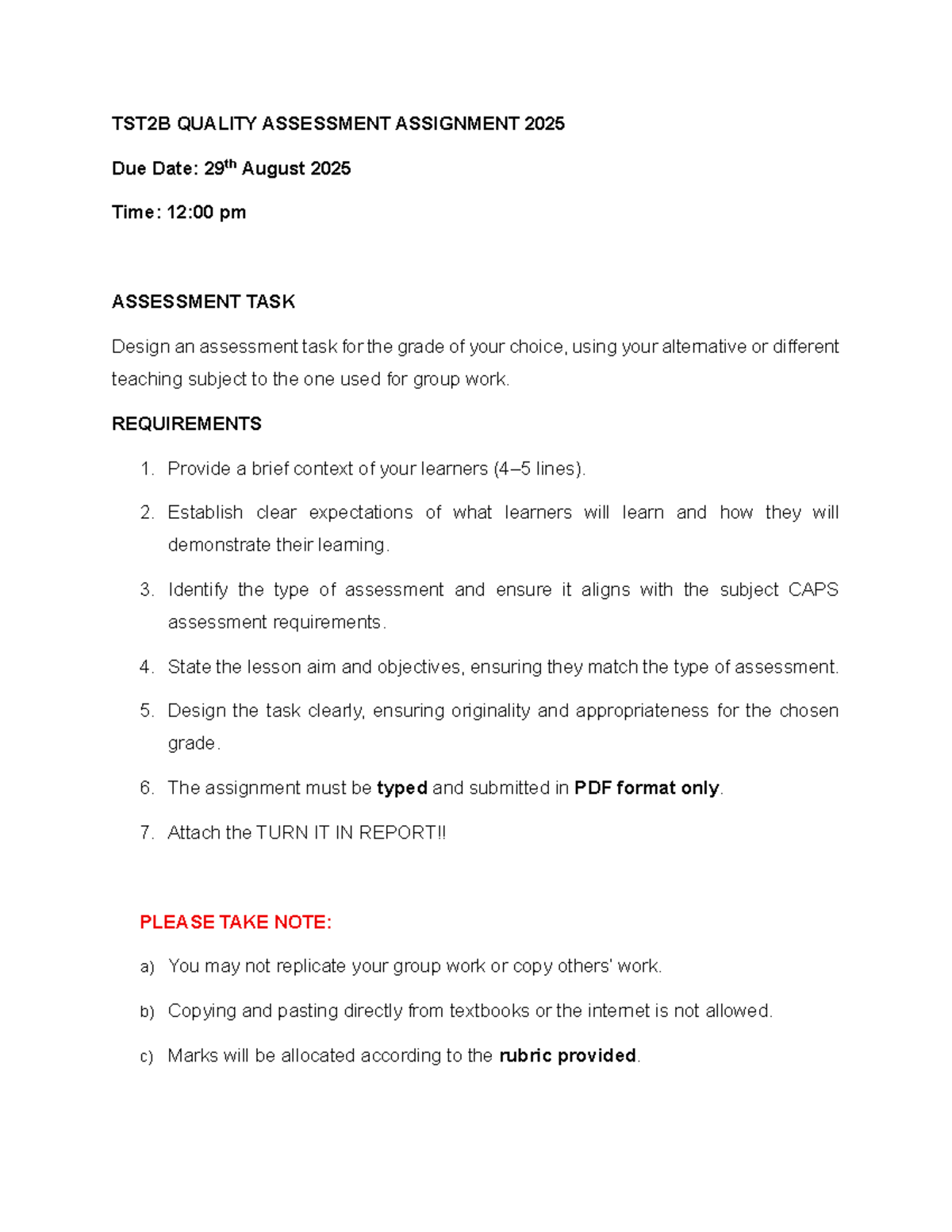 TST2B Quality Assessment Task Design Assignment 2025 - Studocu