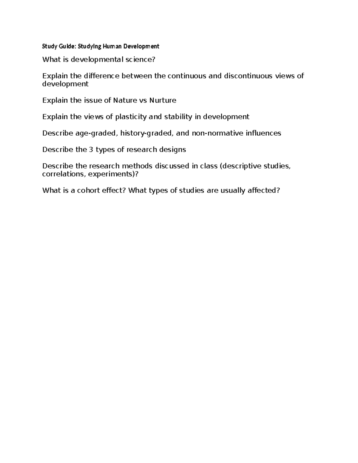 Study Guide 1 Ch 1 - yes - Study Guide: Studying Human Development What ...