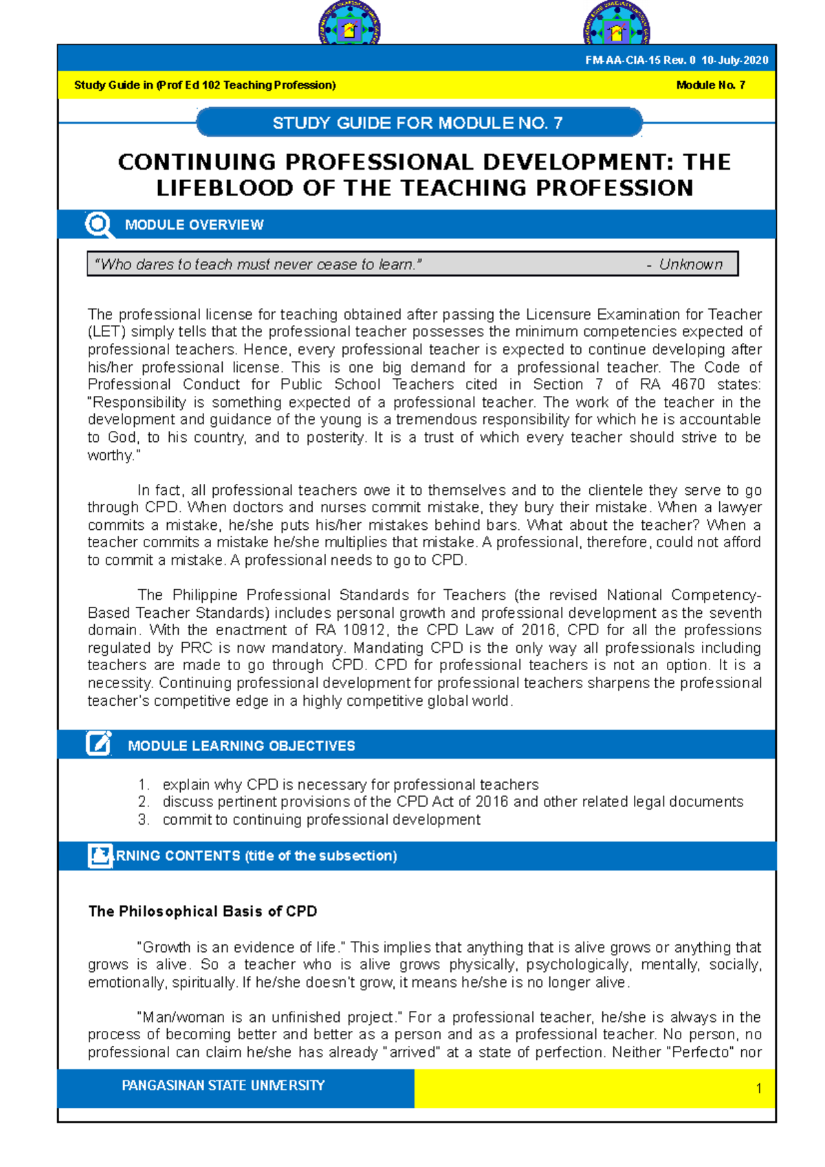 Module 7 Teaching PROF 2020 - Facilitating Learner Centered-Teaching ...