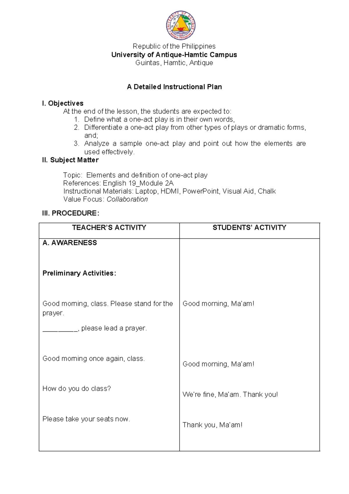 BNHS Lesson Plan 10: Understanding the Elements of a Play - Studocu