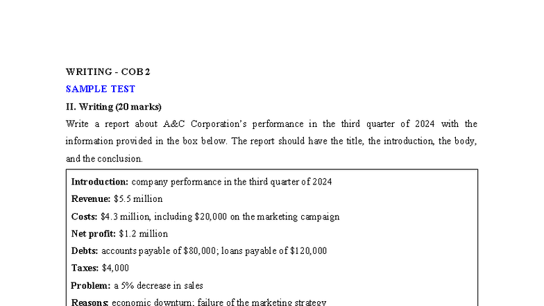 Writing COB 2 Sample Test II: Q3 2024 Performance Reports - Studocu