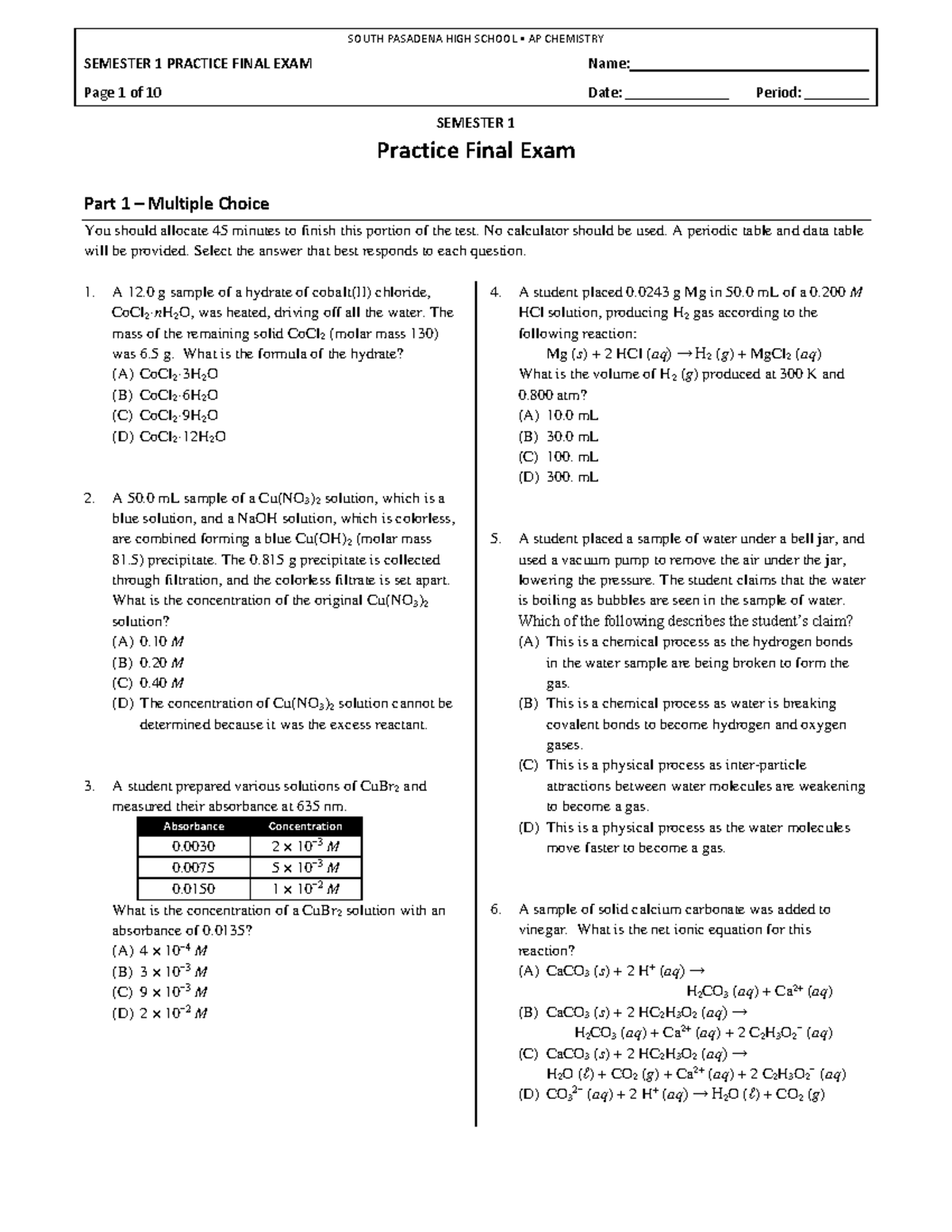 AP Chem 2023 Sem 1 Final Exam Practice Questions and Tips - Studocu