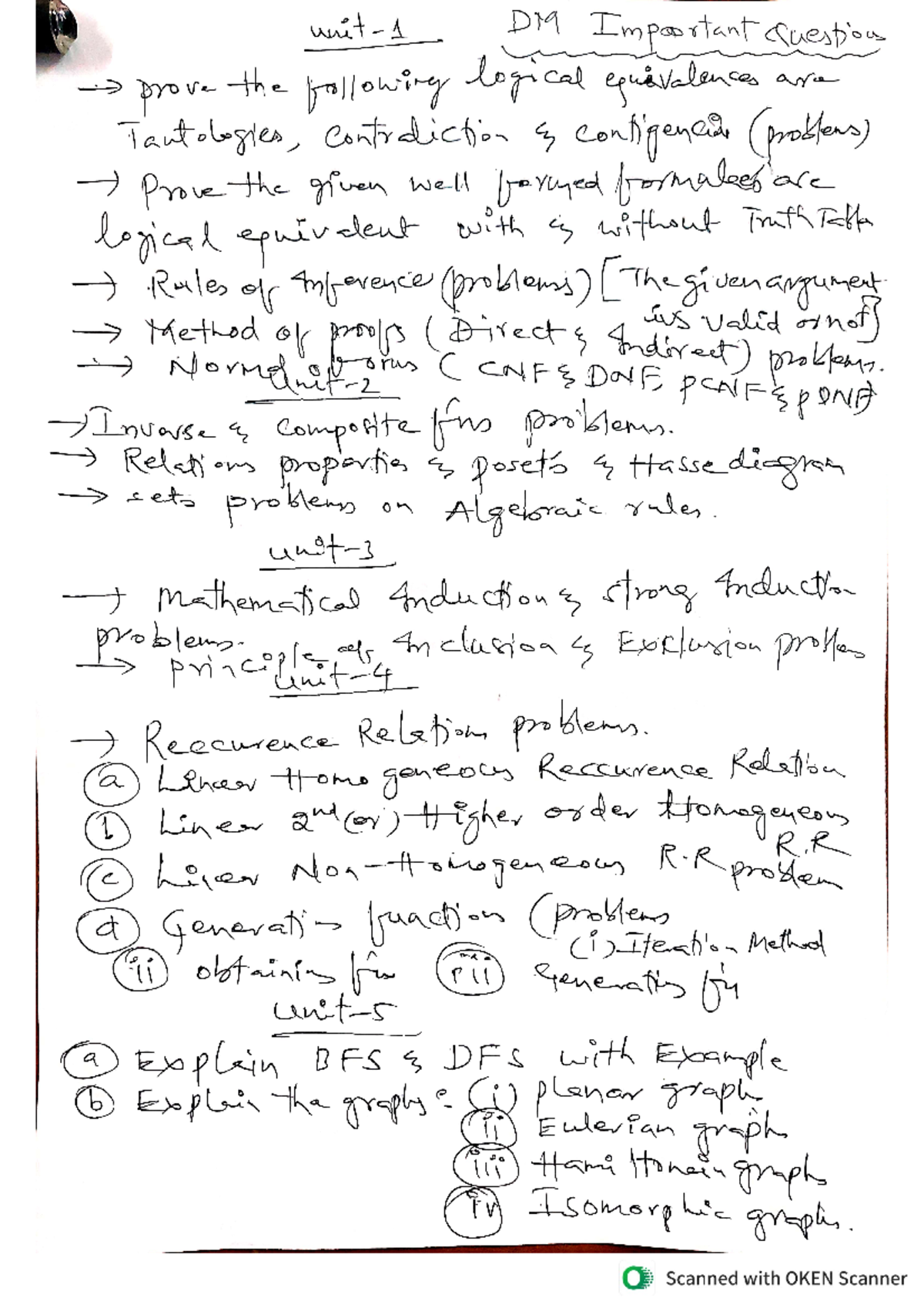 DM Unit 1 Important Questions: Logic, Proofs, and Graph Theory Concepts - Studocu