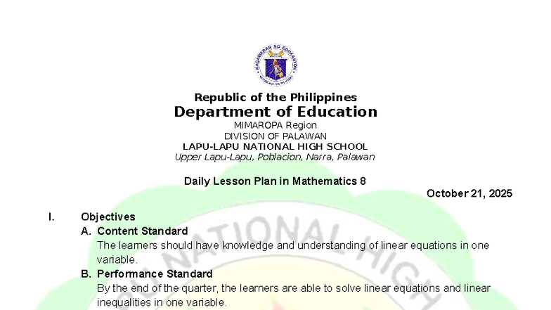 Math 8 Daily Lesson Plan: Linear Equations in One Variable - Studocu