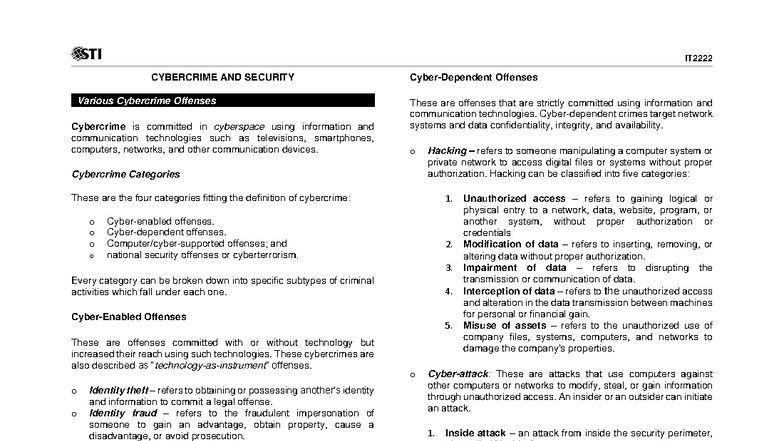 CYBERCRIME AND SECURITY: Lecture Notes on Offenses and Protections ...
