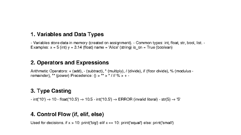Python Midterm Study Guide: Variables, Data Types, and Control Flow - Studocu