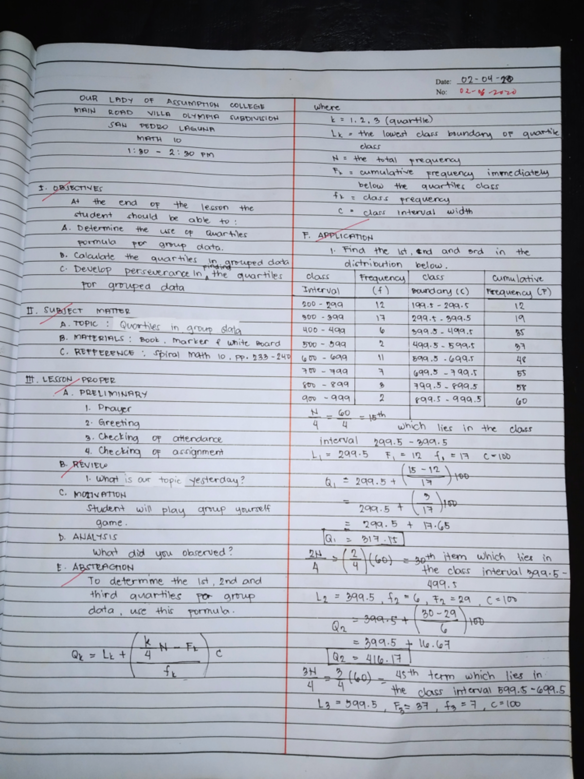 Lesson Plan Quartiles in Group Data Math 10 - Secondary education - Studocu