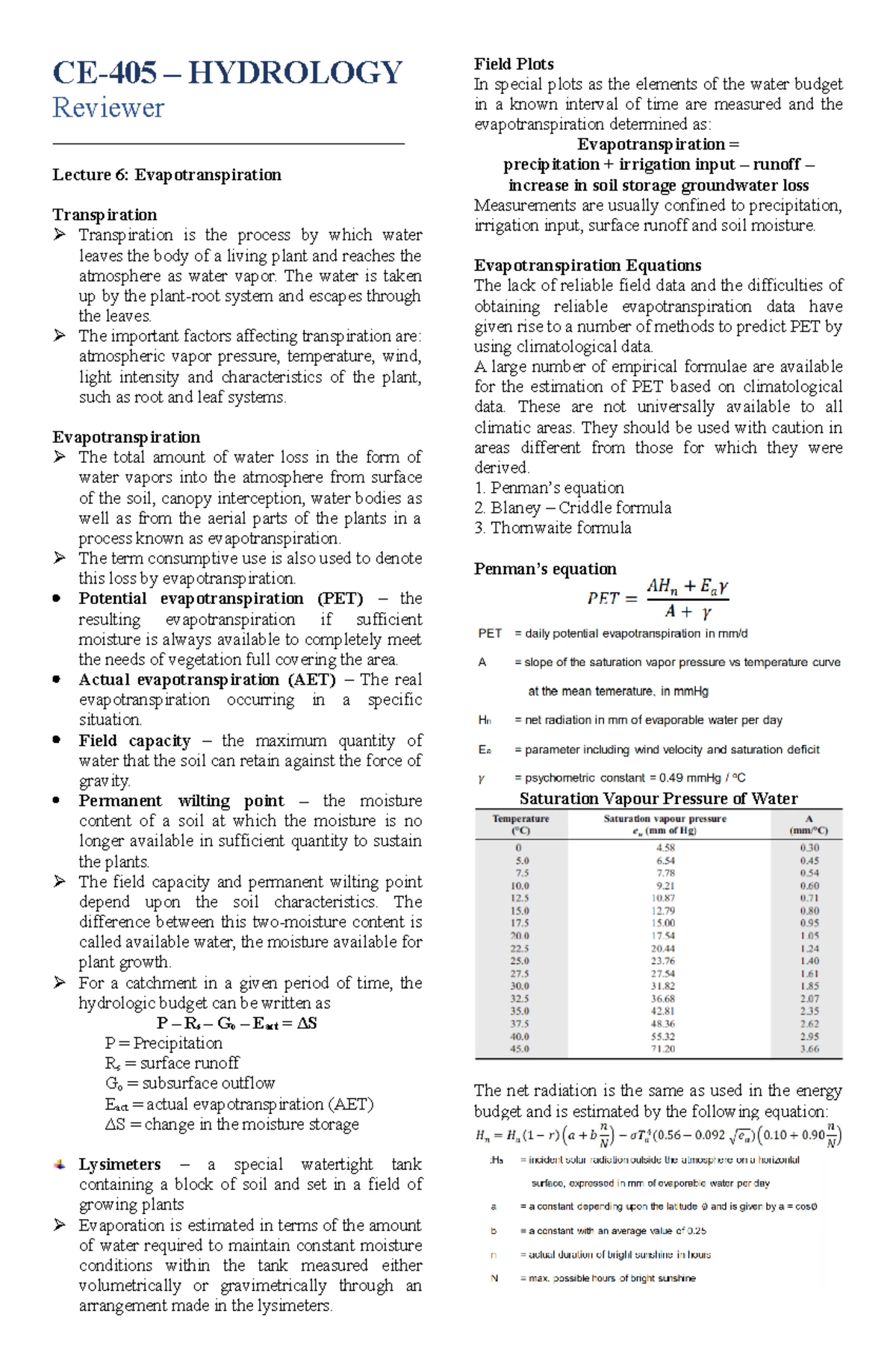 Hydrology Lecture Notes for CE 101: Understanding Water Systems - Studocu