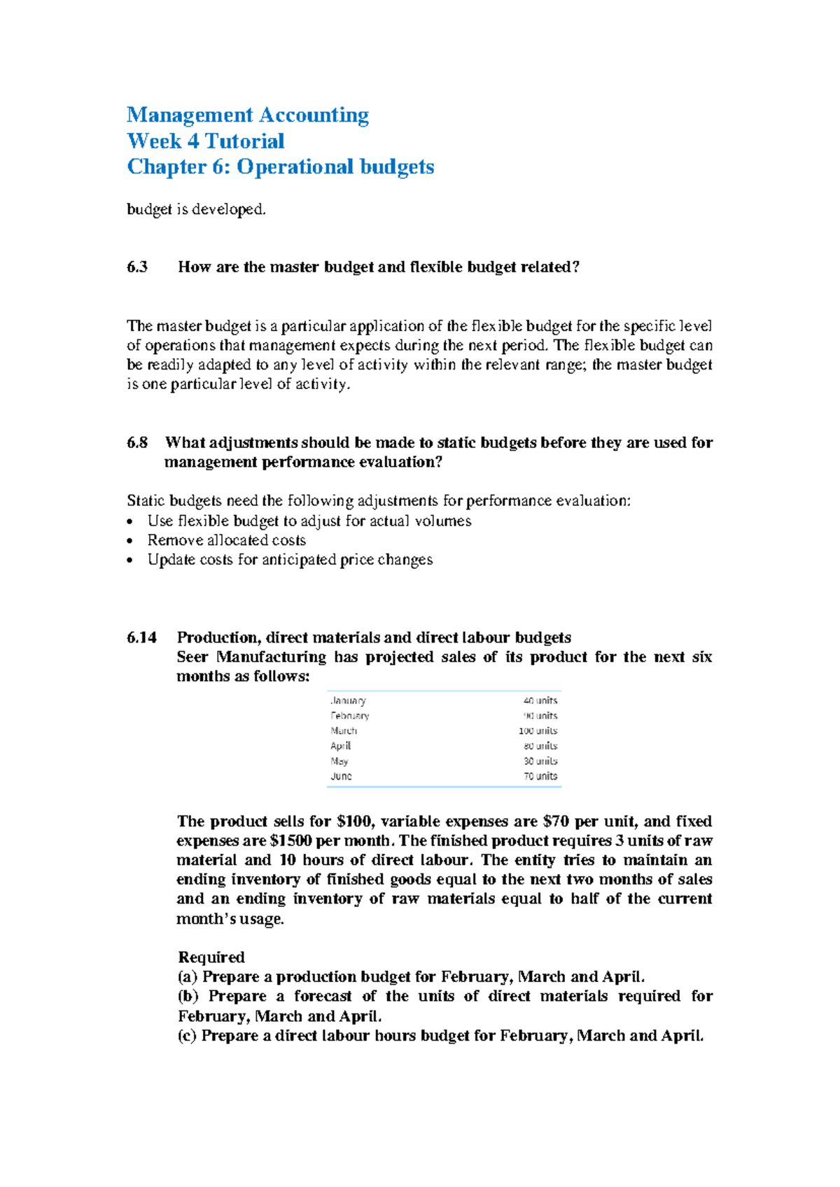 Management Accounting Week 4 Tutorial Solutions and Budgets - Studocu