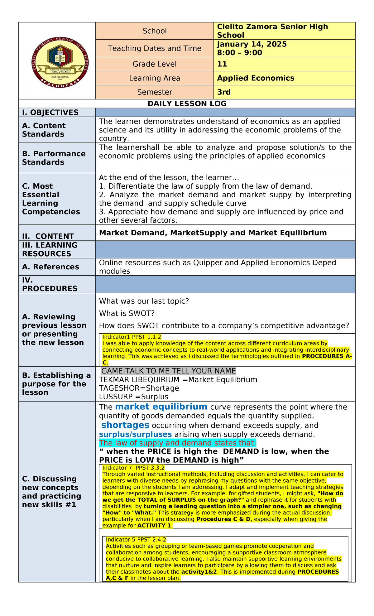 COT-DLL Applied Economics Grade 11: Market Demand & Supply Lesson Plan - Studocu