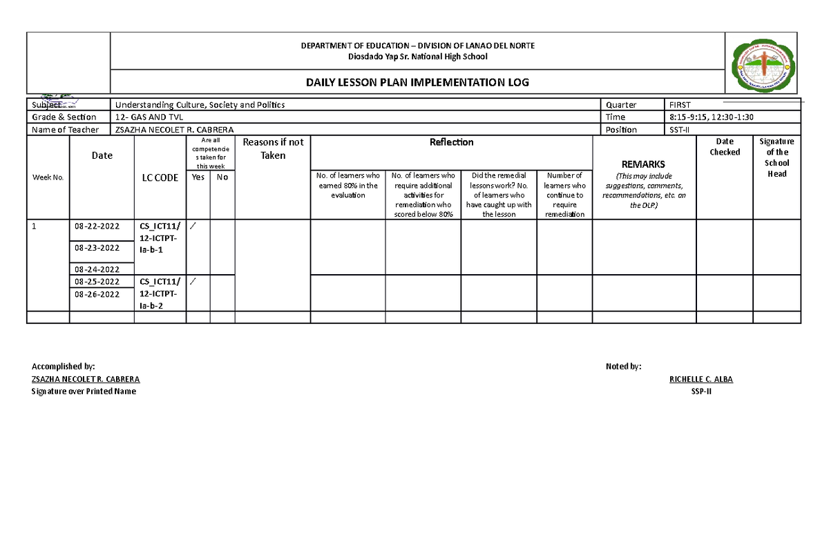UCSP - Detailed Lesson Plan Implementation Log for Grade 12 GAS - Studocu