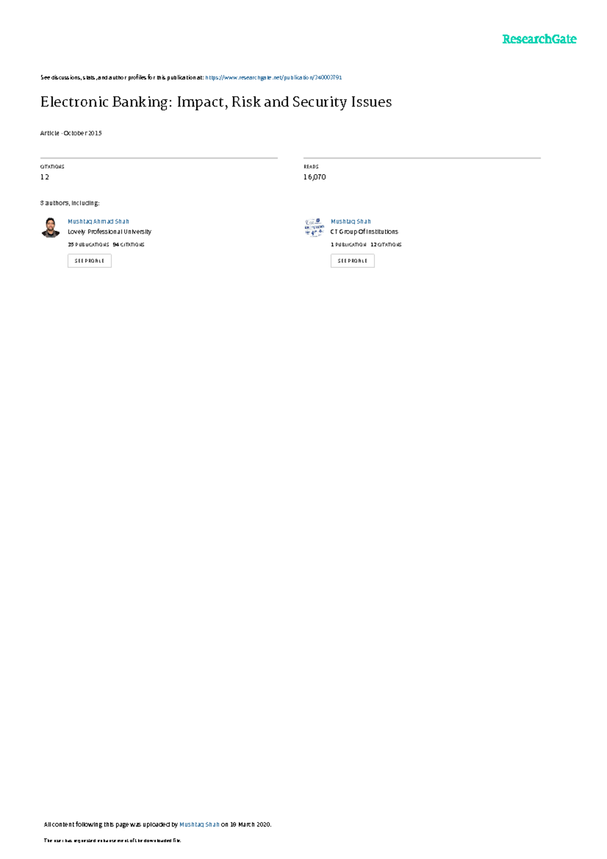 Electronic Banking: Impact, Risk, and Security Issues (207-212) - Studocu