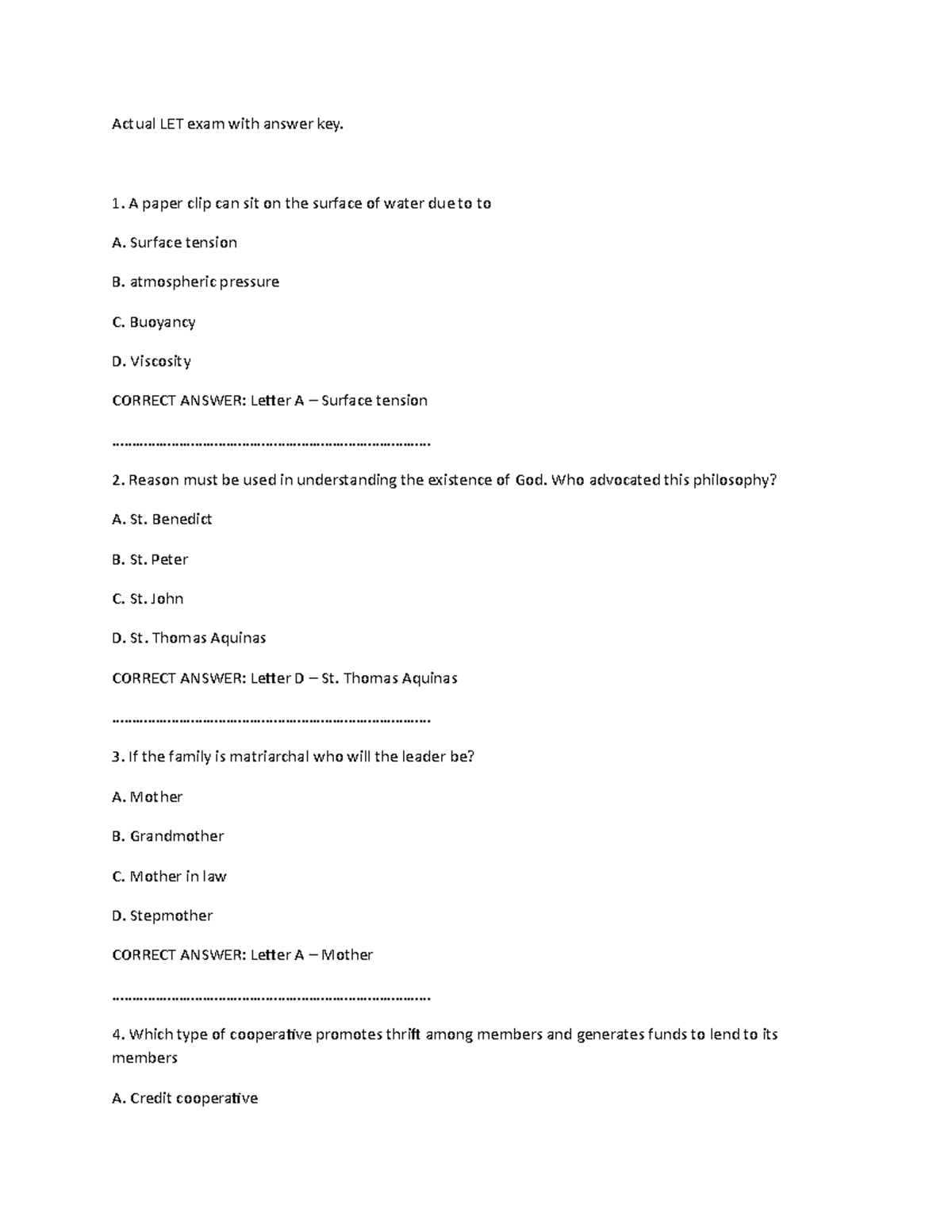 Actual LET Exam Review - Key Questions & Answers - Studocu