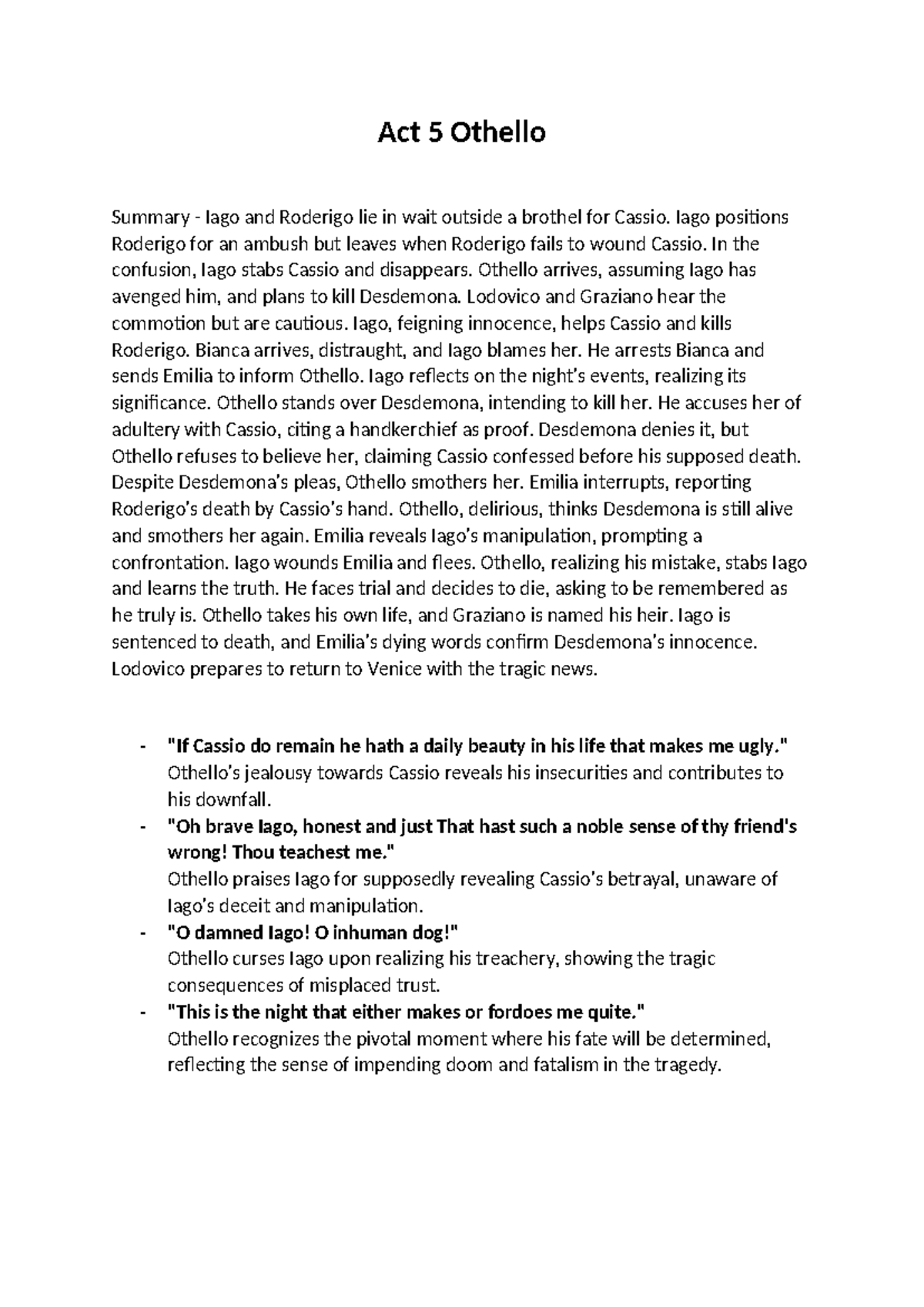 Act 5 Othello - Summary & Analysis of the Tragic Finale - Studocu