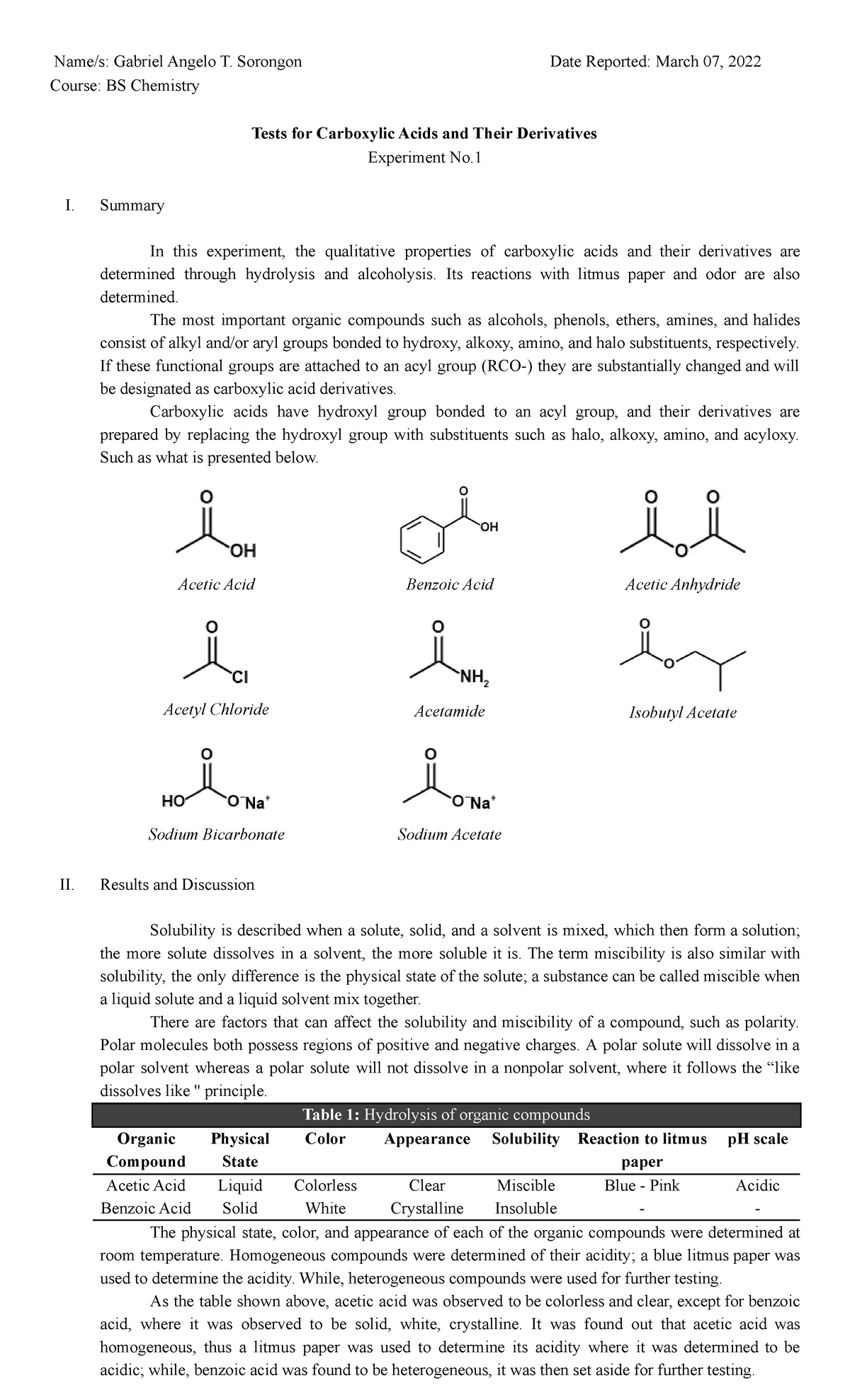 Tests for Carboxylic Acids & Derivatives - BS Chem Lab Report - Studocu