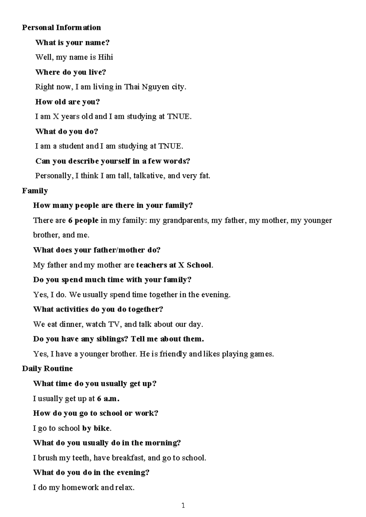Personal Information and Daily Life Overview - TNUE - Studocu