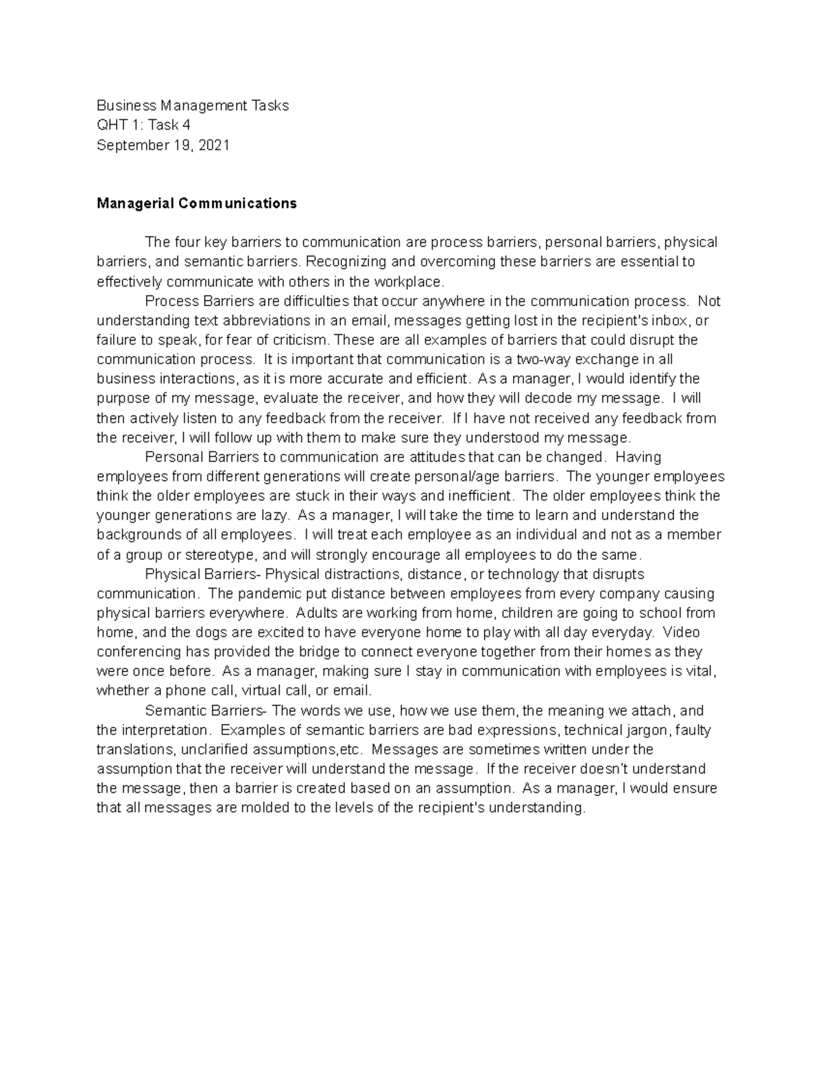 QHT1 Task 4 - QHT1 task one Business Management tasks. - Business ...