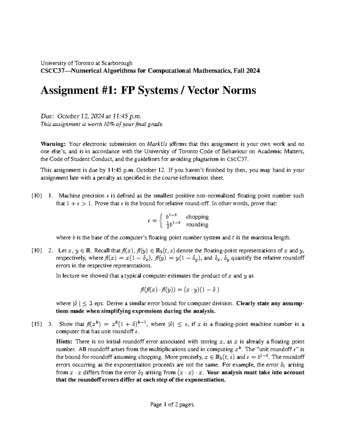 CSCC37 - Assignment 1: Floating Point Systems & Vector Norms - Studocu