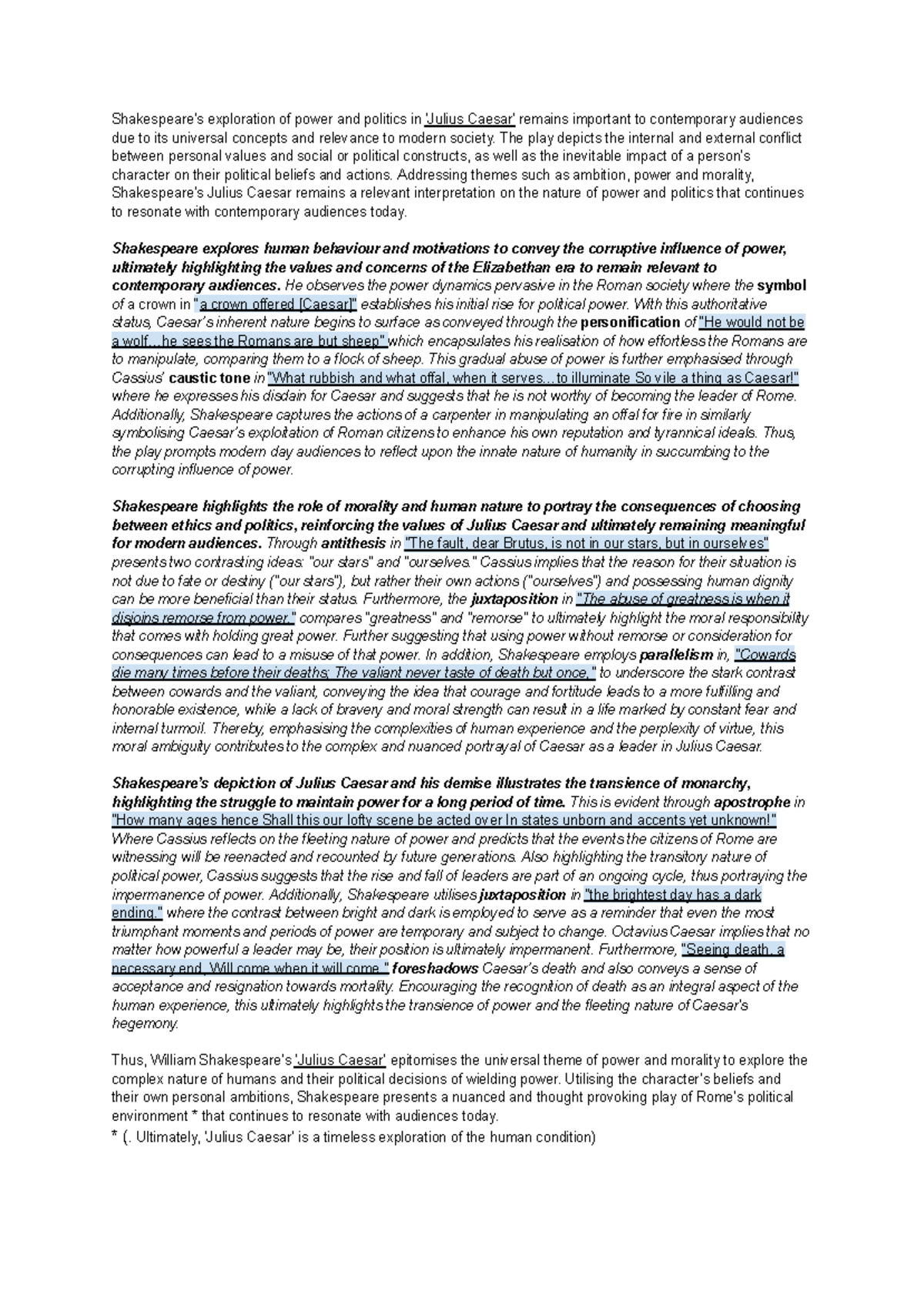 ENG 201: Final Essay on Power and Morality in Shakespeare's Julius ...