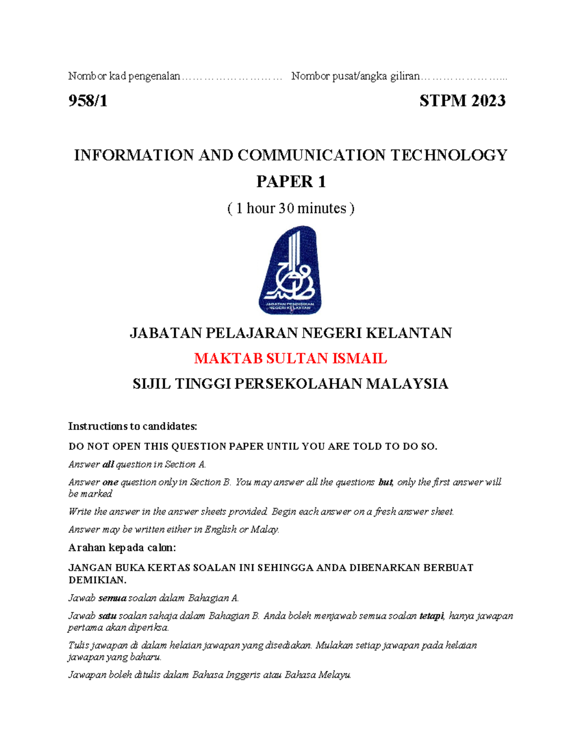 Soalan Trial STPM 2023: ICT Paper 1 (958/1) - Studocu