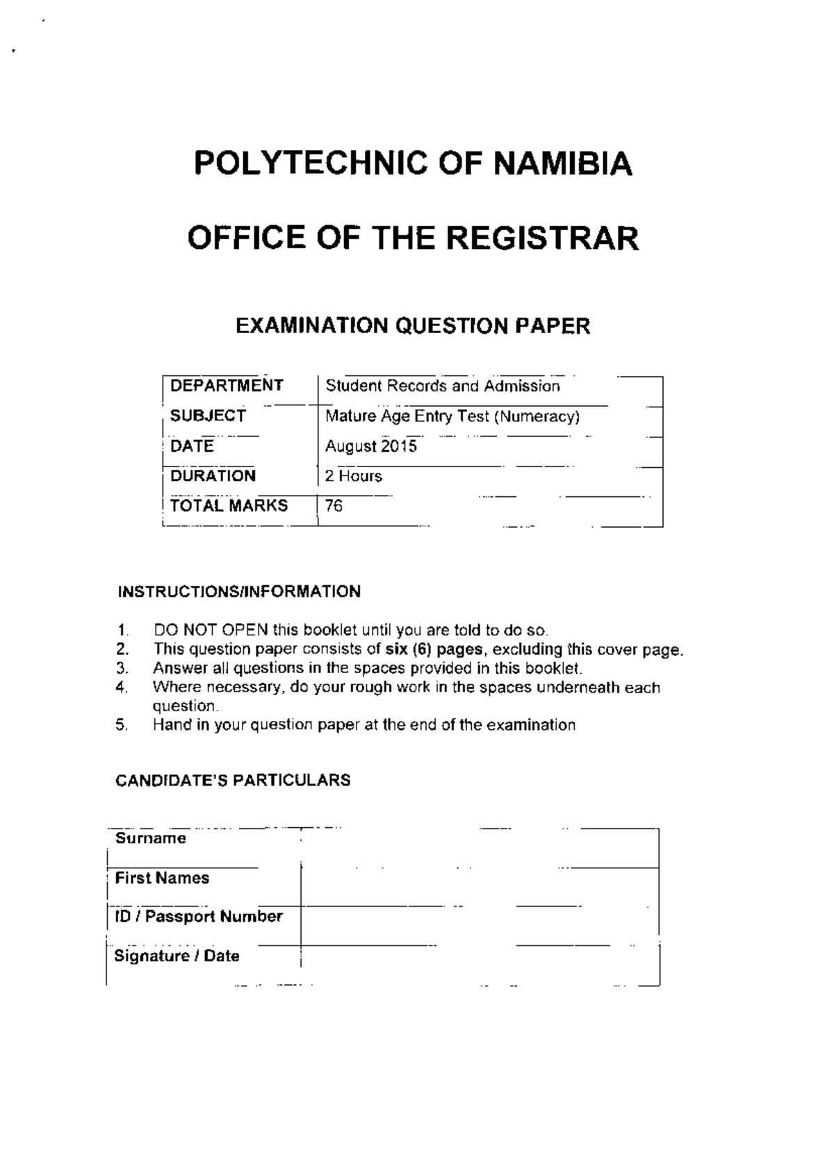 Mature Age Entry Test - Numeracy - August 2015 Examination Paper - Studocu
