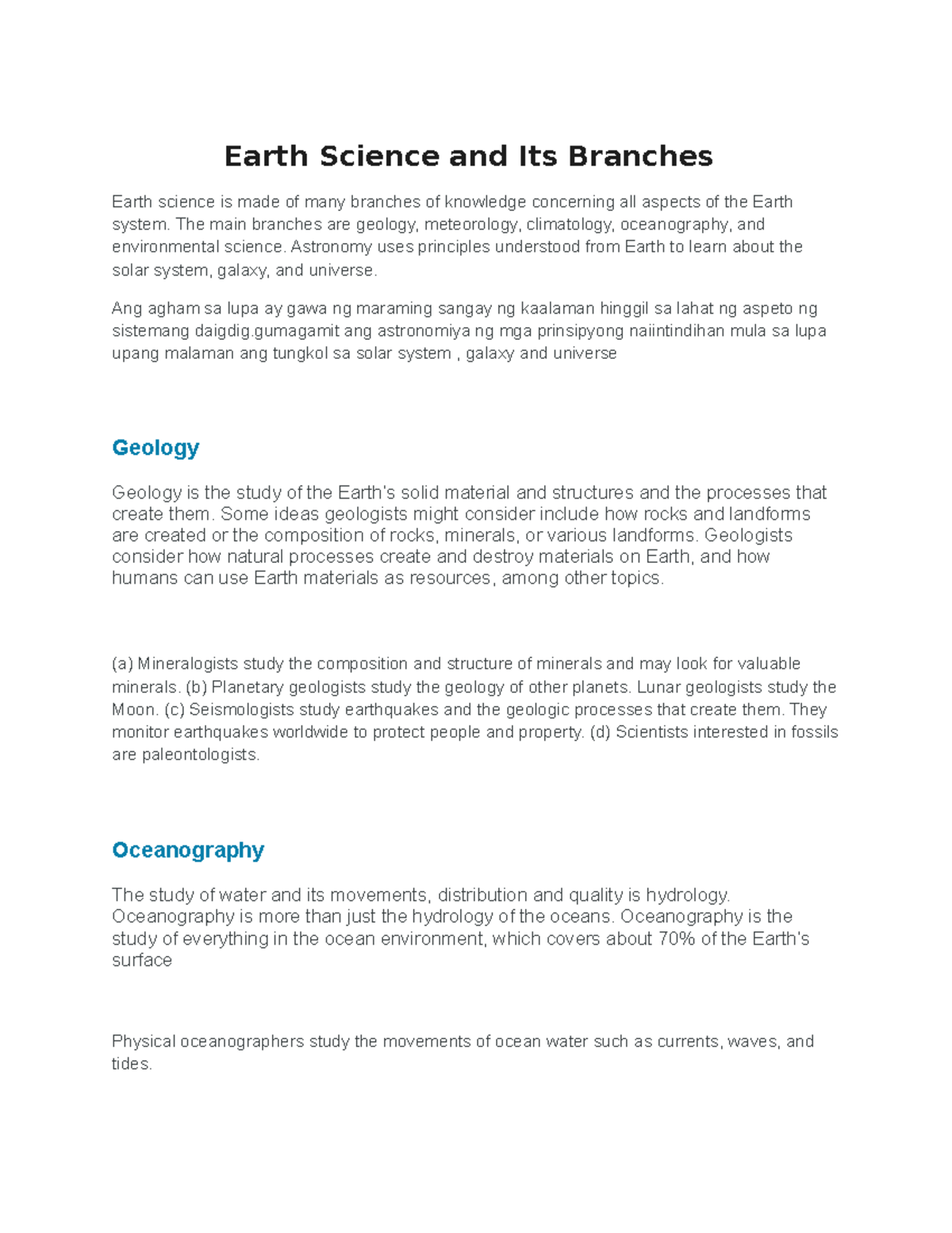 Earth Science & Its Branches II: Geology, Oceanography, Meteorology ...